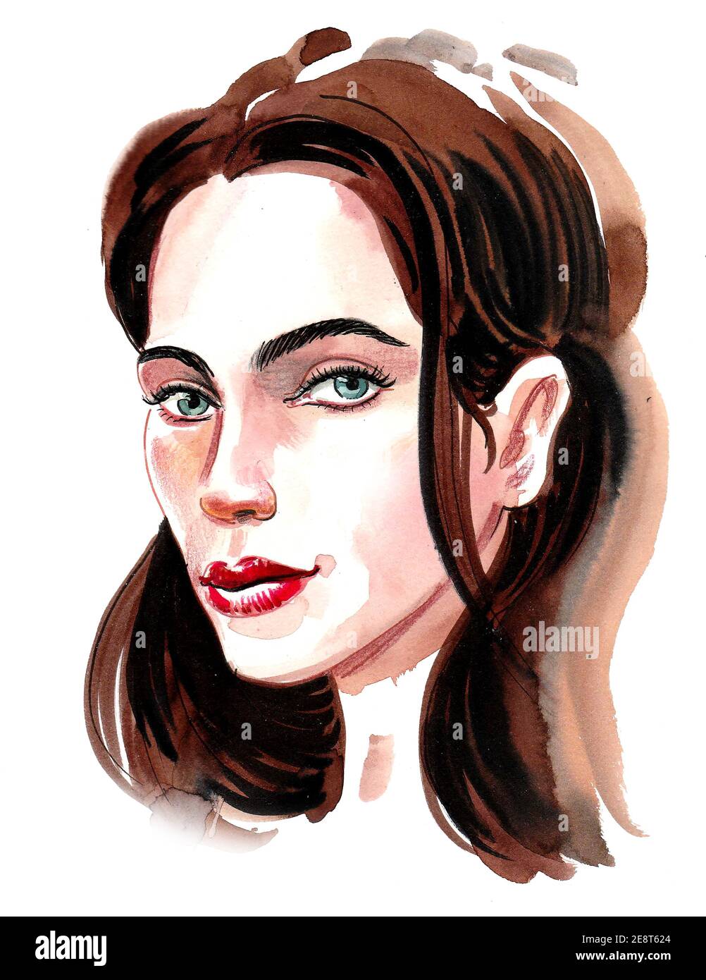 Beautiful woman with a long hair. Ink and watercolor drawing Stock ...
