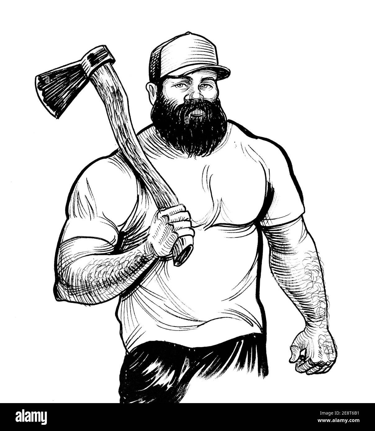 American logger with axe. Ink black and white drawing Stock Photo - Alamy