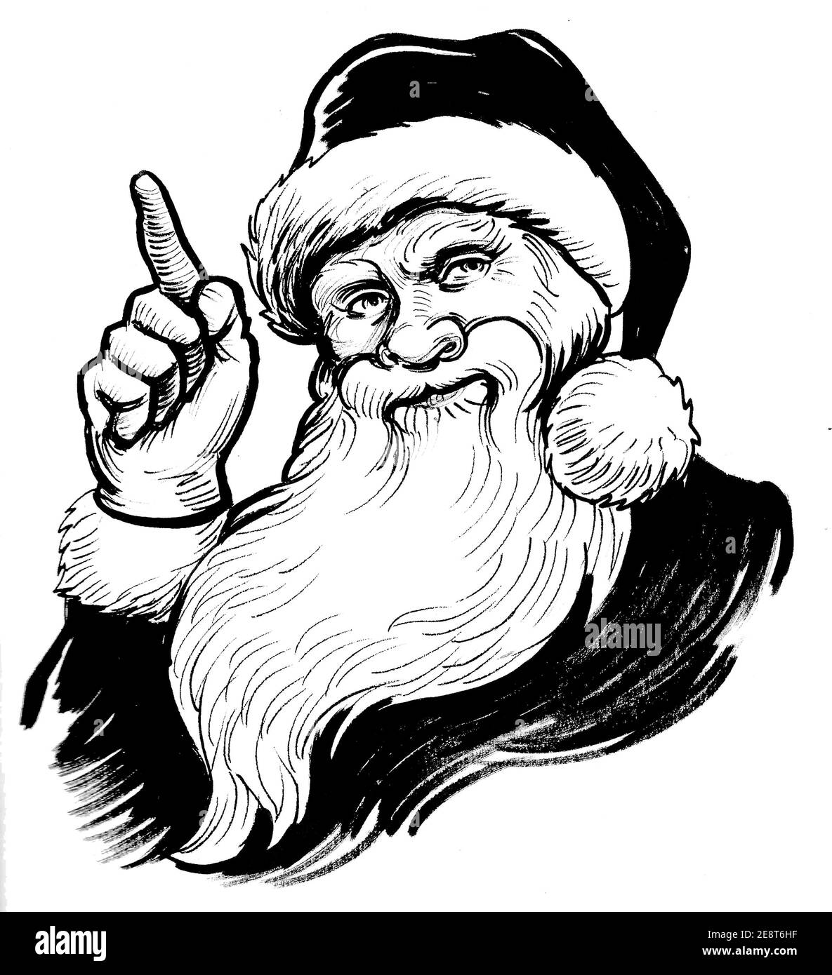 Santa Clause pointing up. Ink black and white drawing Stock Photo - Alamy