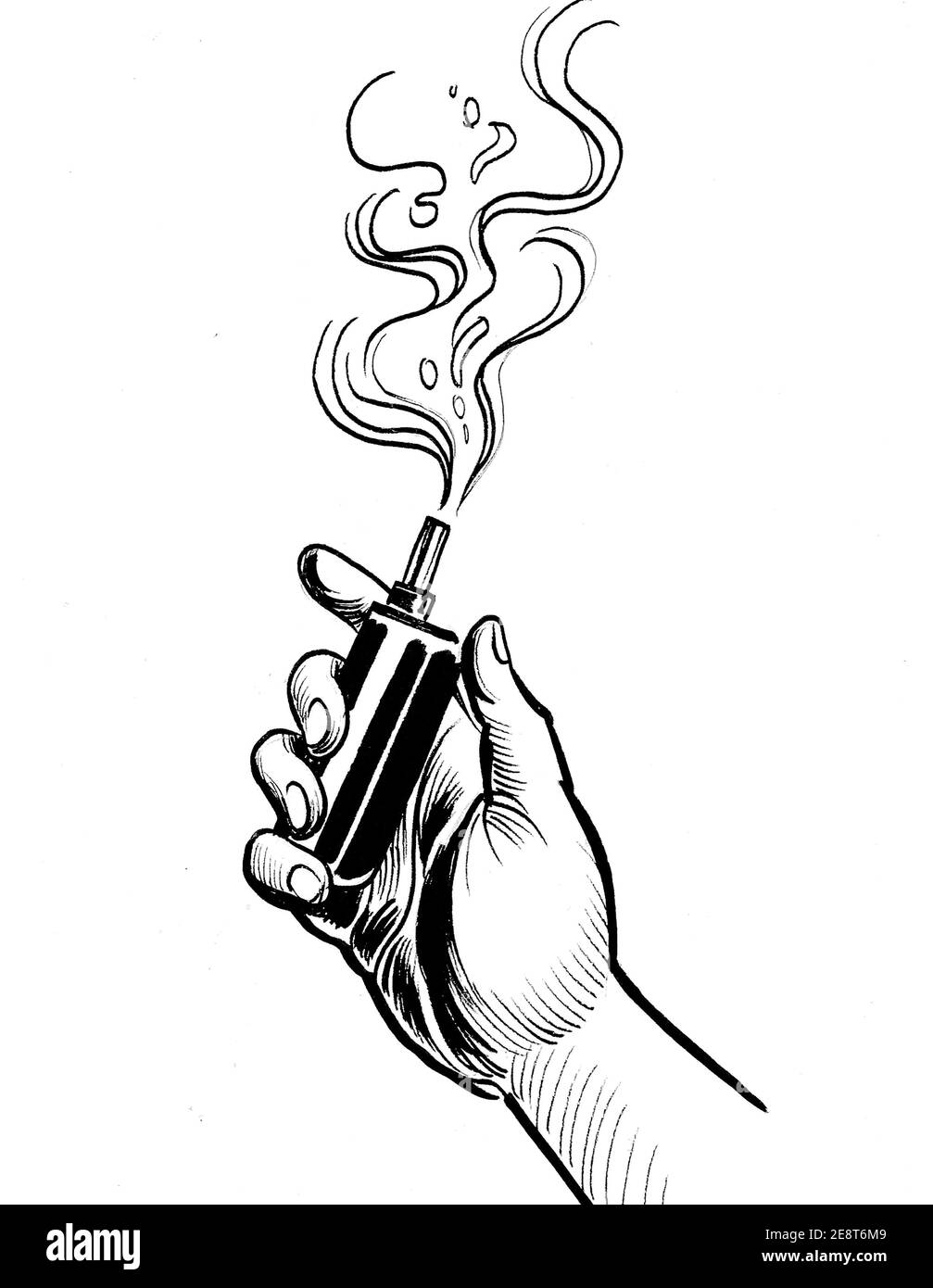 Hand with vaporizer. Ink black and white drawing Stock Photo - Alamy