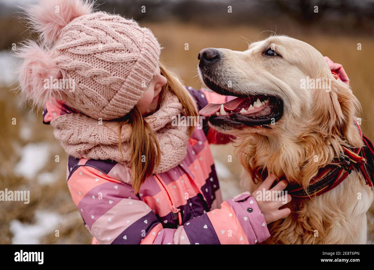 Little girl hugging golden retriever dog Stock Photo - Alamy