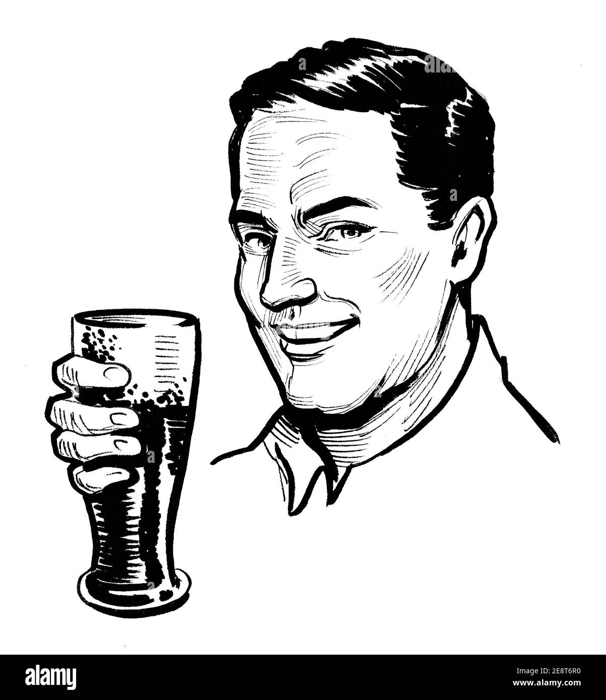 Happy smiling man holding a glass of beer. Ink black and white drawing ...