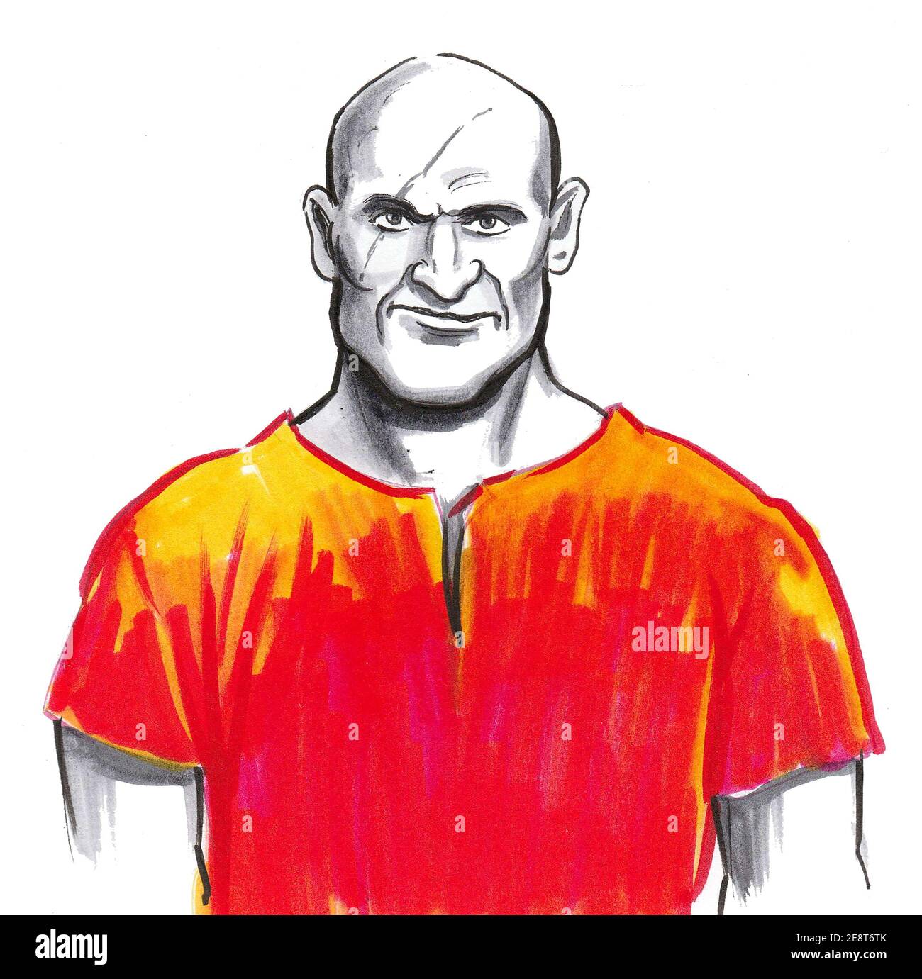 Prisoner in orange robe with a scar on his face. Ink and watercolor ...