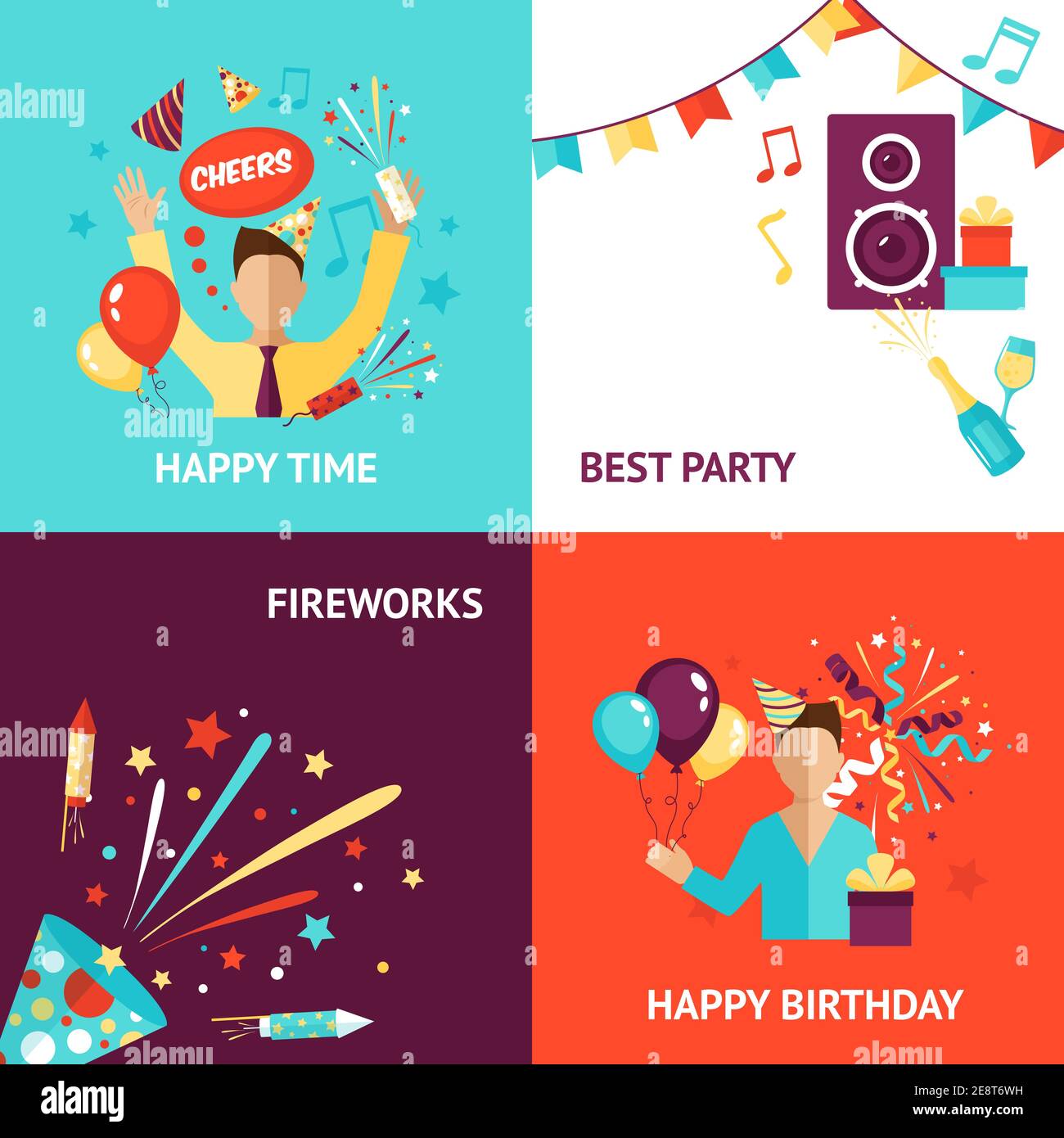 Party design concept set with birthday fireworks flat icons isolated ...