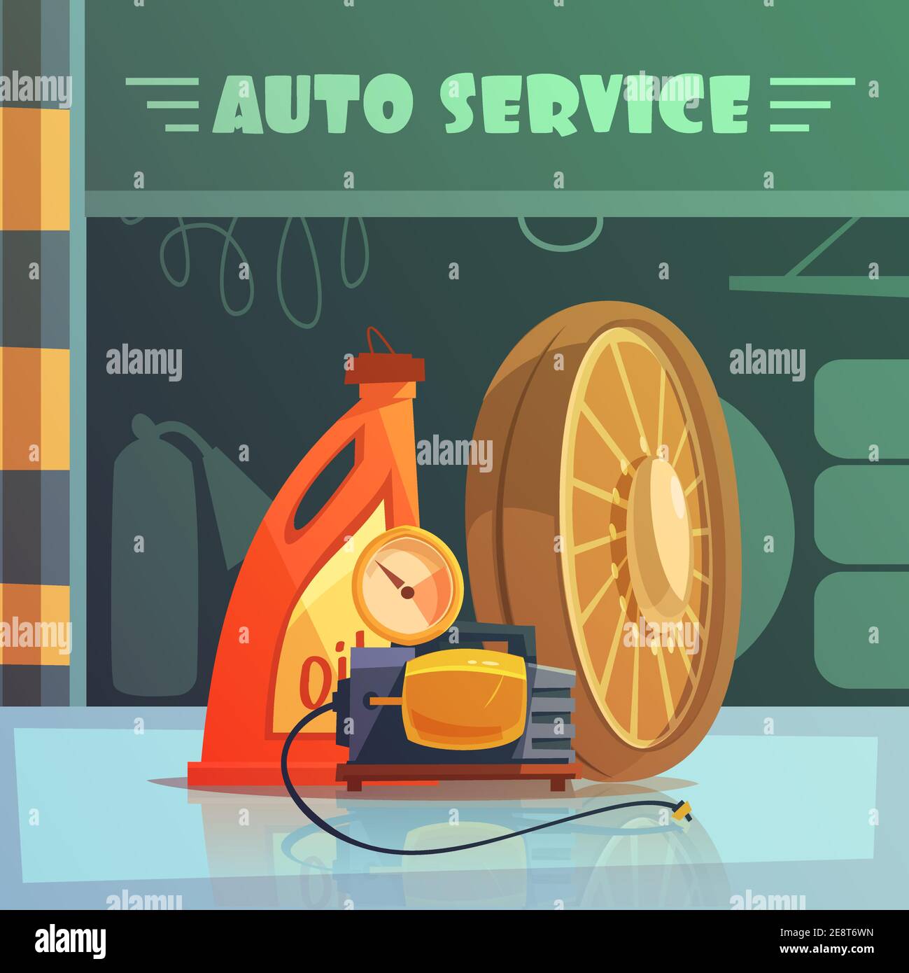 Auto service equipment cartoon background with oil and wheel vector ...