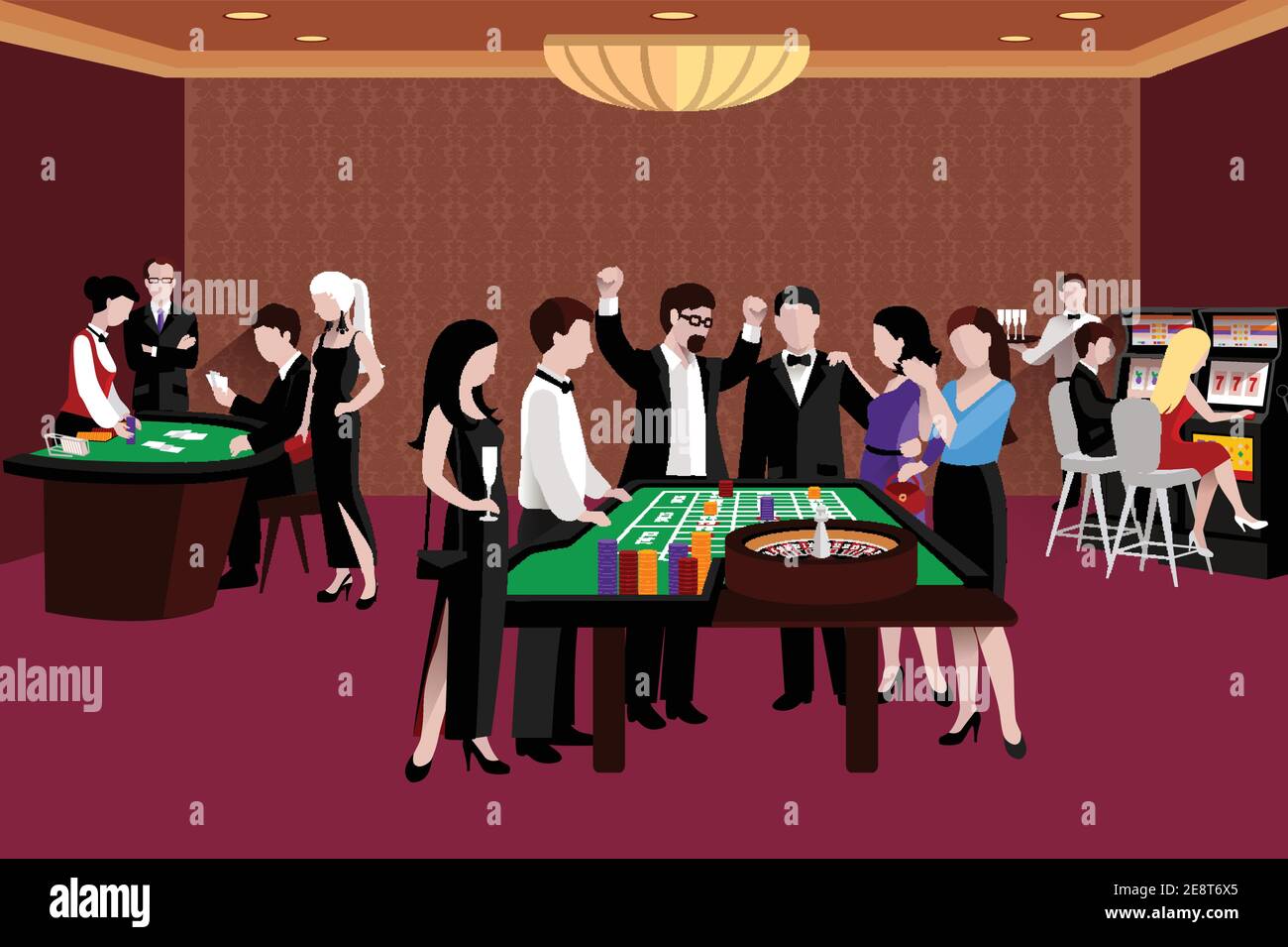 People in casino standing around the roulette table flat vector ...
