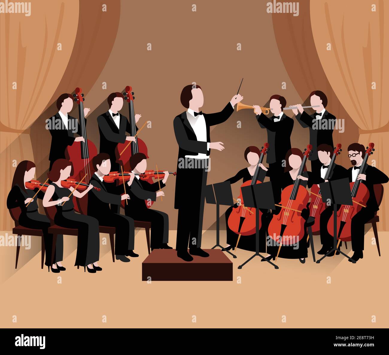 Symphonic orchestra with conductor violins chello and trumpet musicians ...