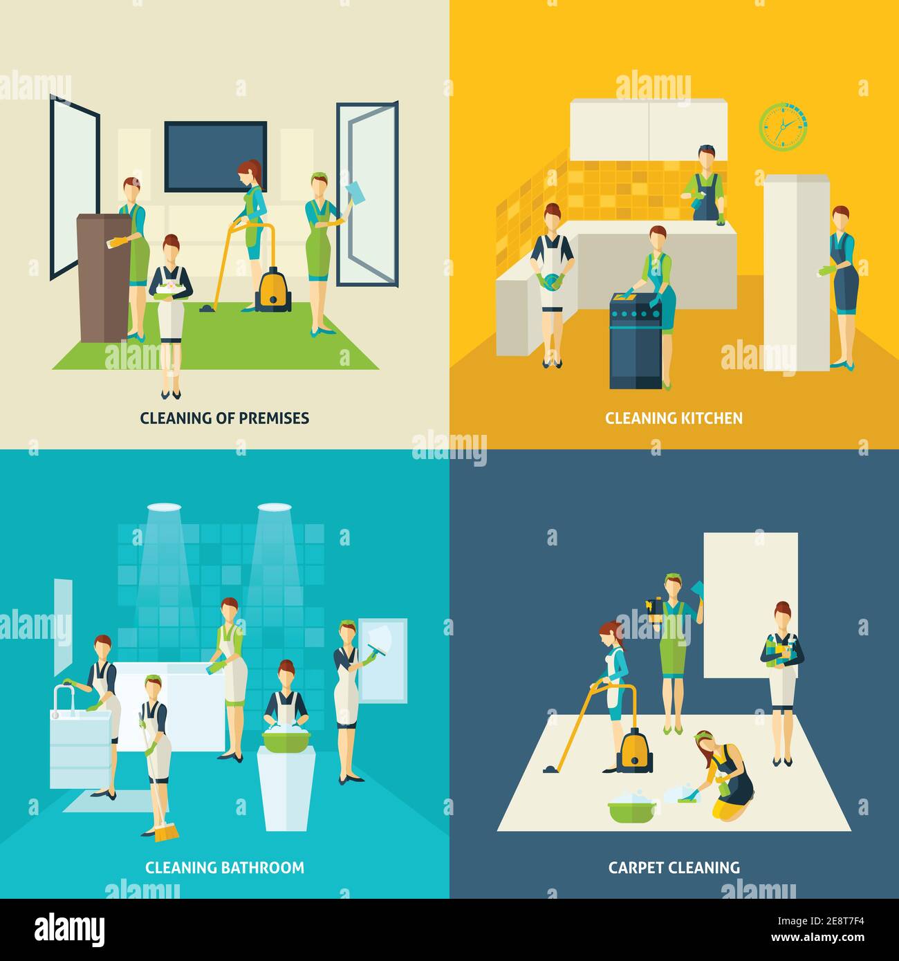 Kitchen bathroom and carpet cleaning design concept with woman figures ...