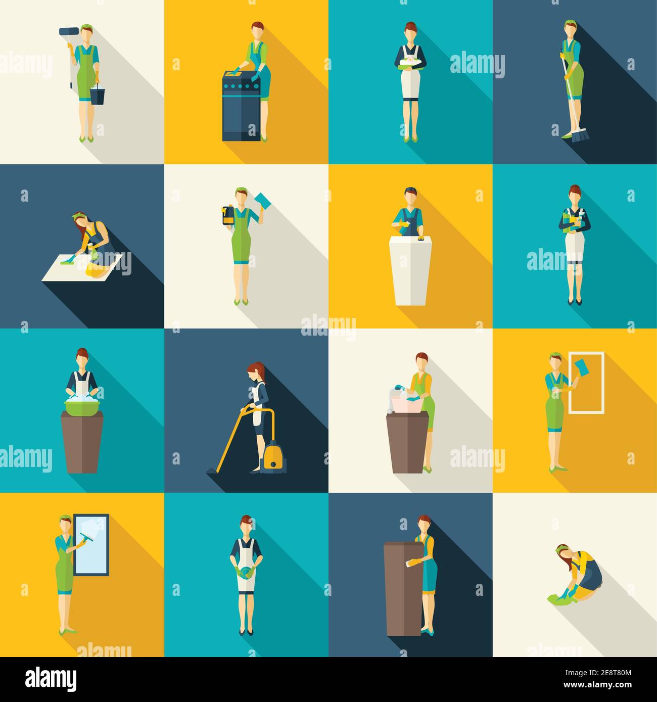 Cleaners in work with tools and equipment color with shadows flat icons ...