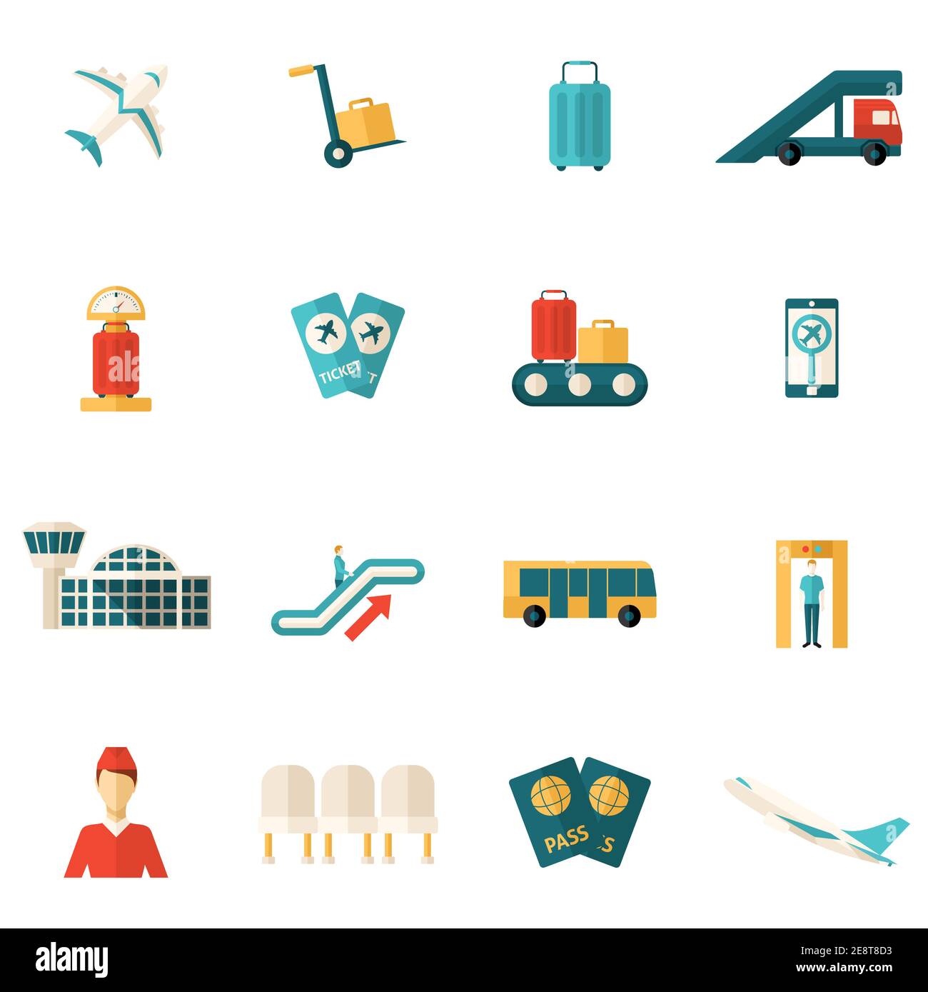 Airport icons flat set with passenger lounge security check and ...