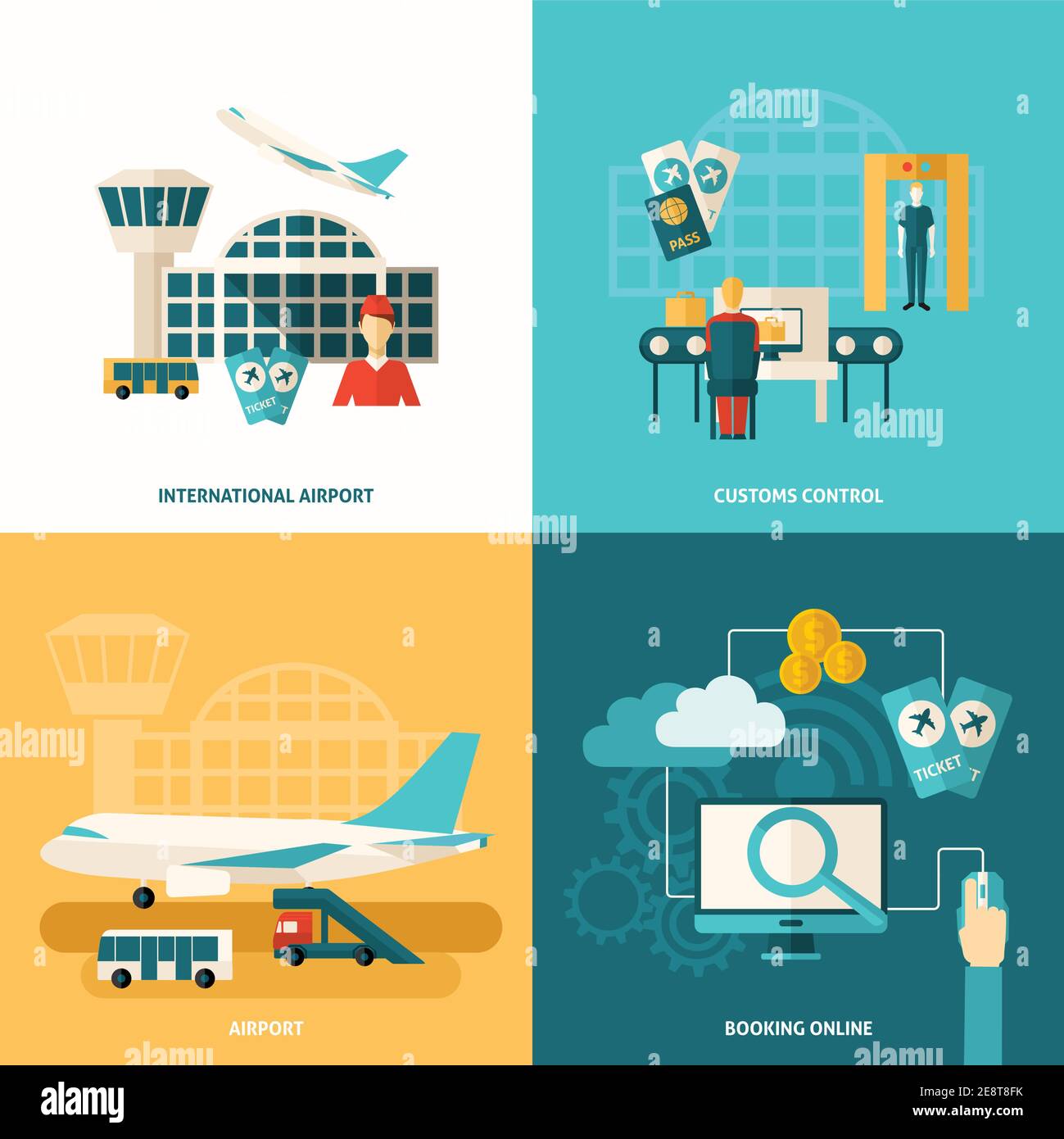 Airport design concept set with customs control and online booking flat ...