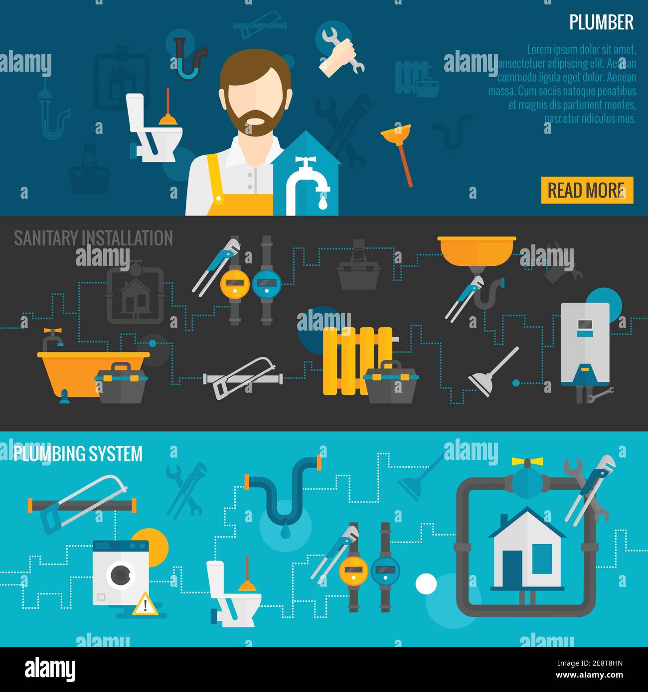 Plumber horizontal banner set with sanitary installation plumbing ...