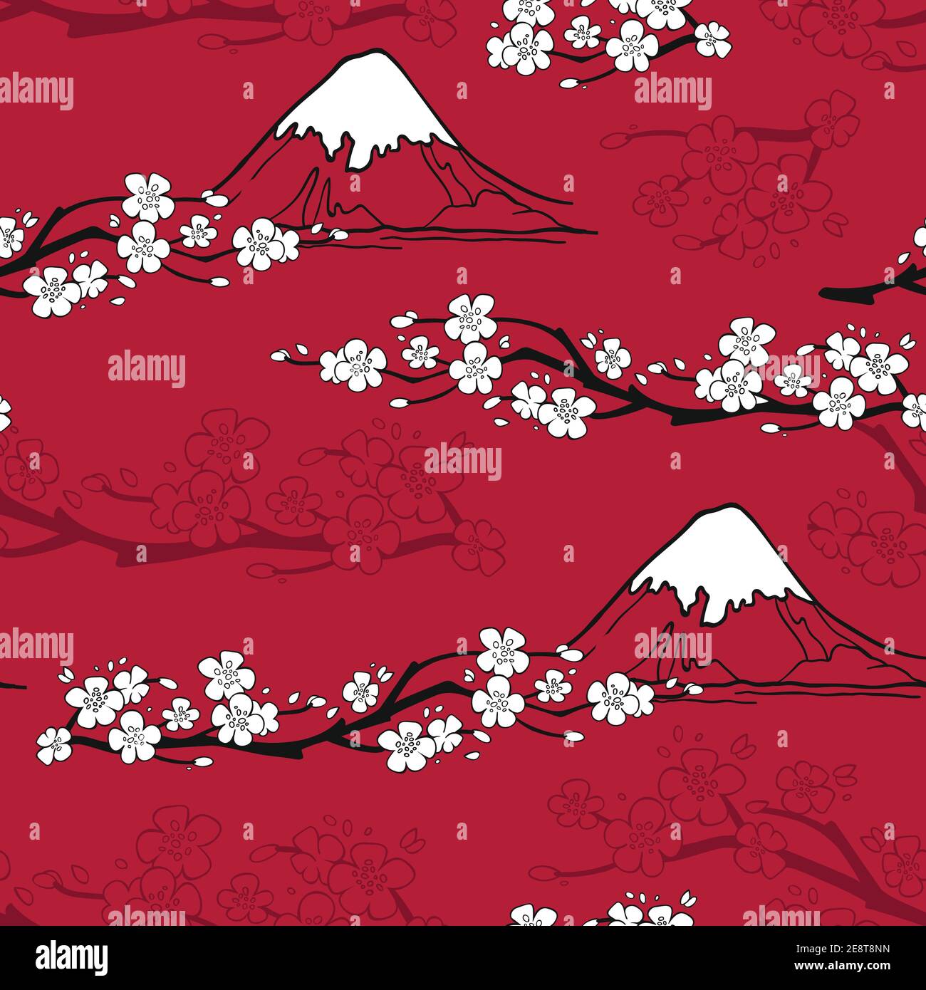 Japanese seamless pattern with sakura blossoms and fuji mountains ...