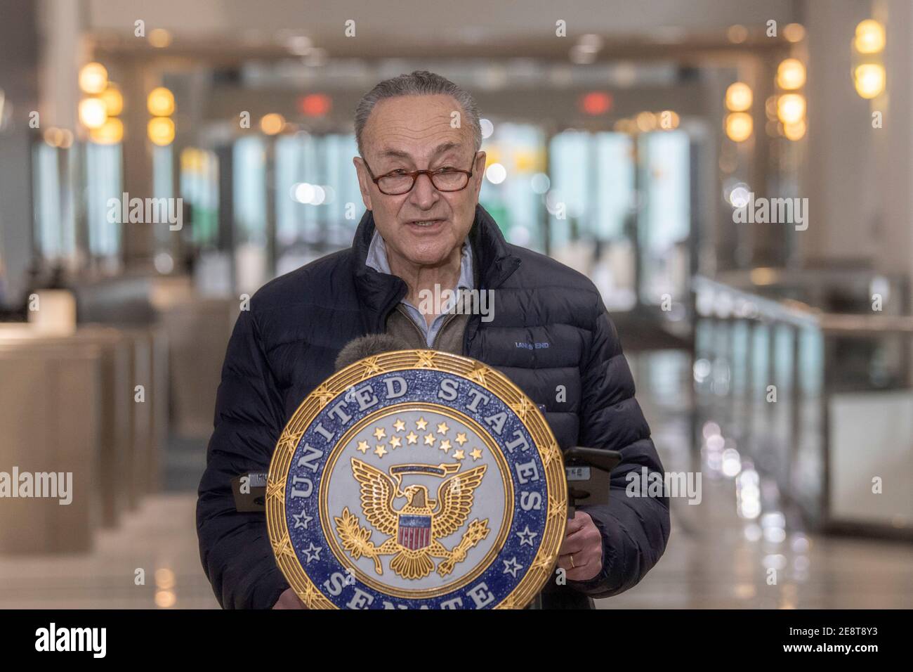 U.S. Senate Majority Leader Chuck Schumer (D-NY) speaks during media ...