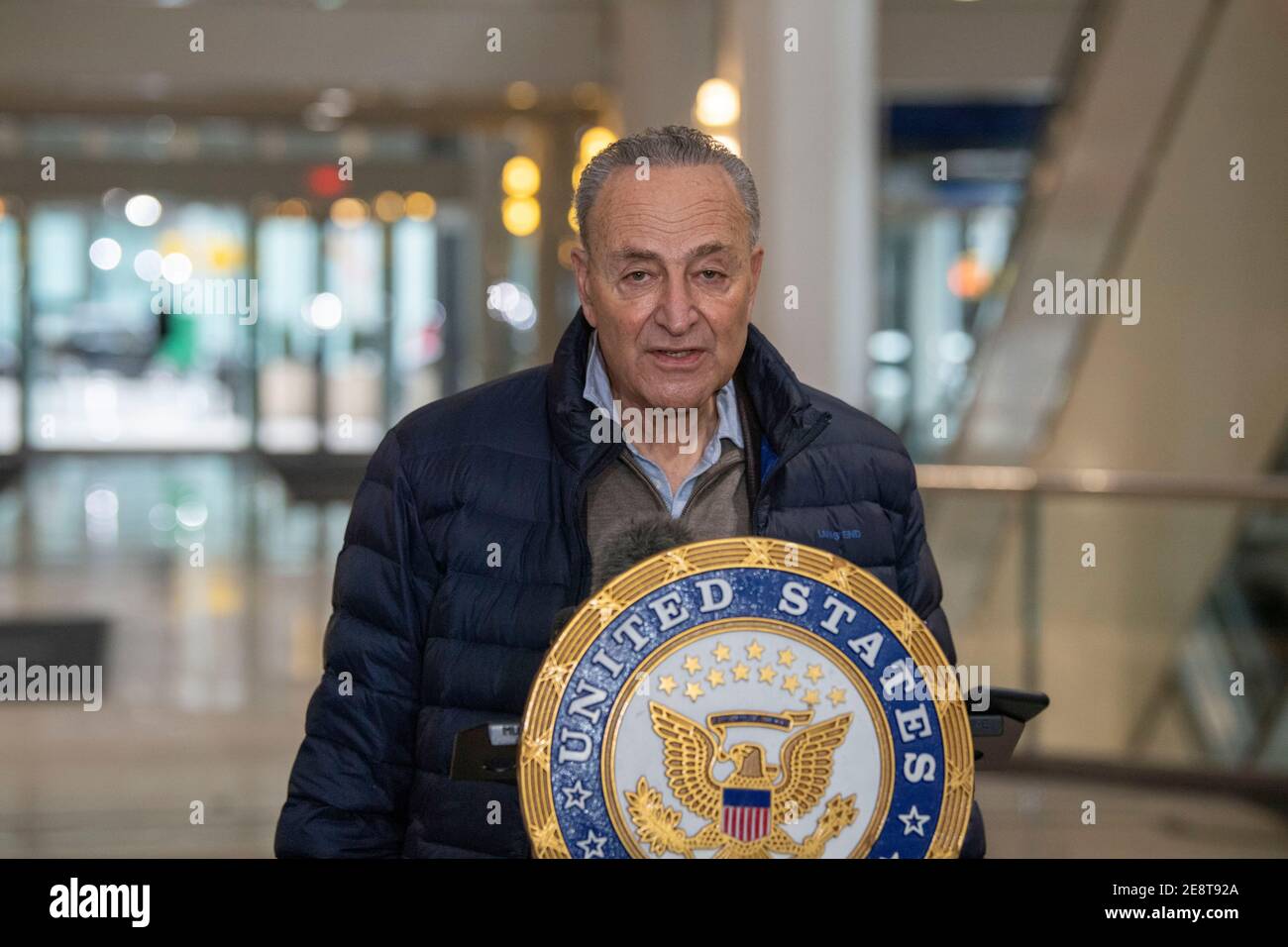 U.S. Senate Majority Leader Chuck Schumer (D-NY) speaks during media ...