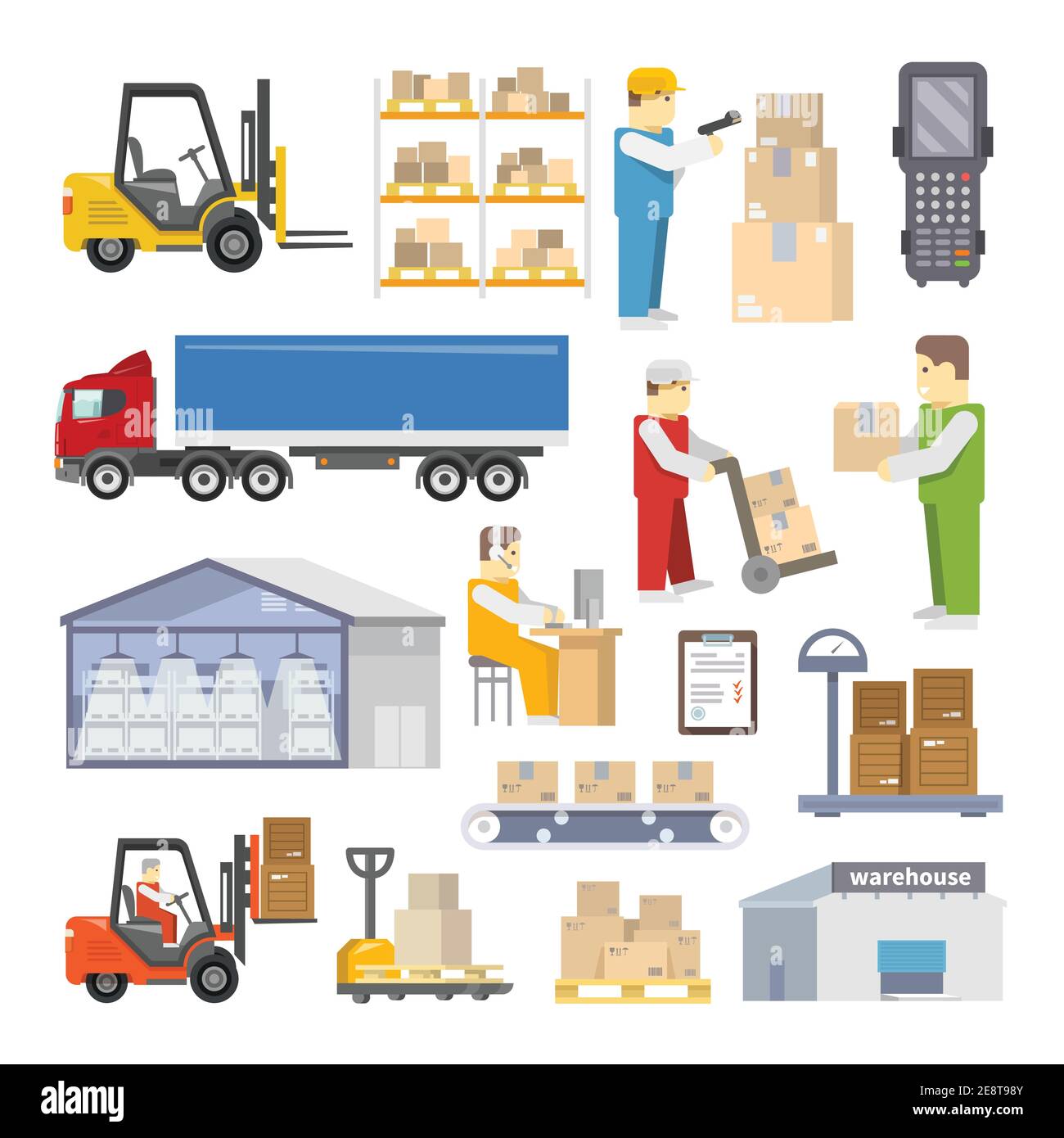 Warehouse icons flat set with shipping and delivery objects isolated ...