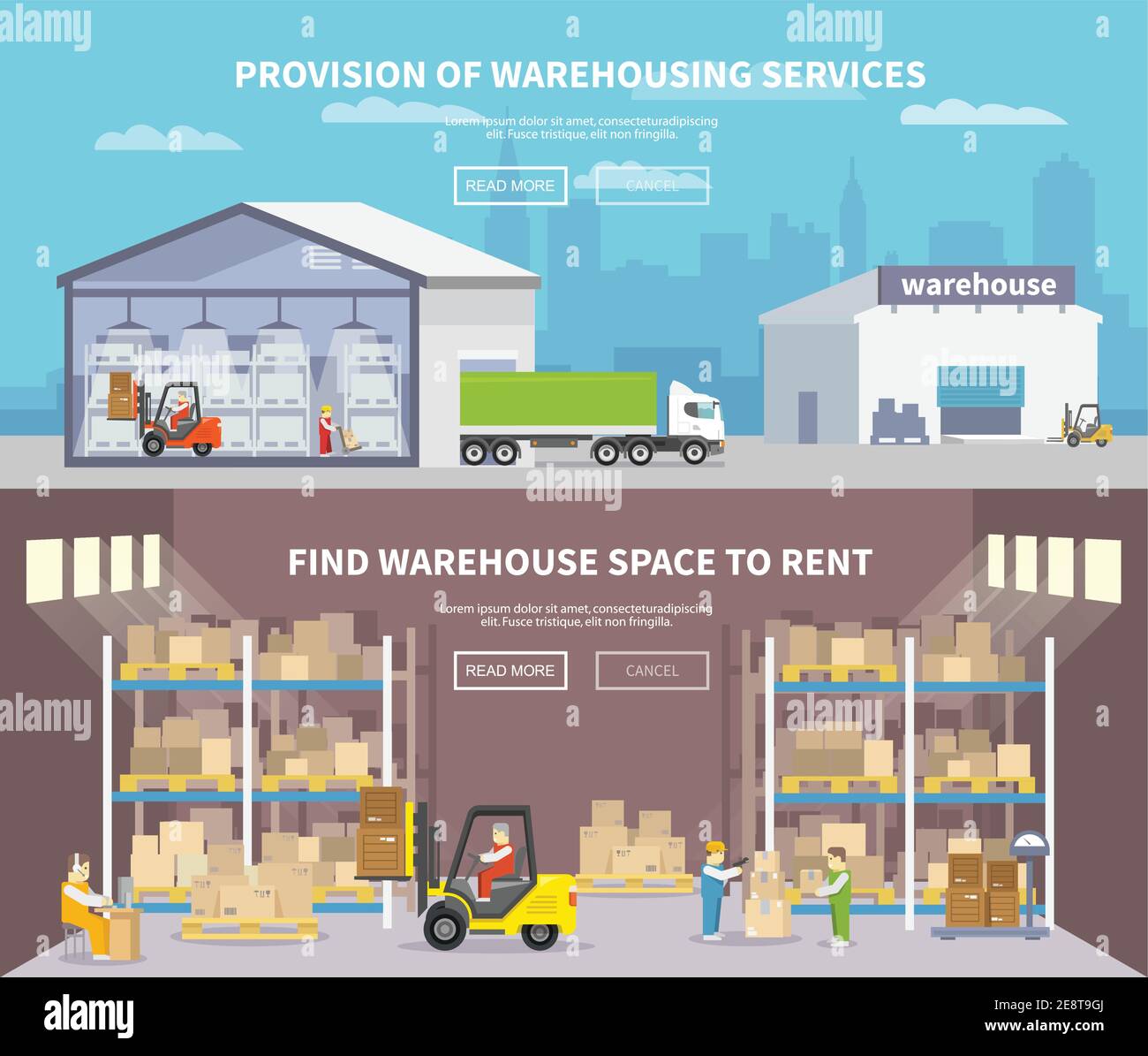 Warehouse banner set with shipping and delivery flat elements isolated ...