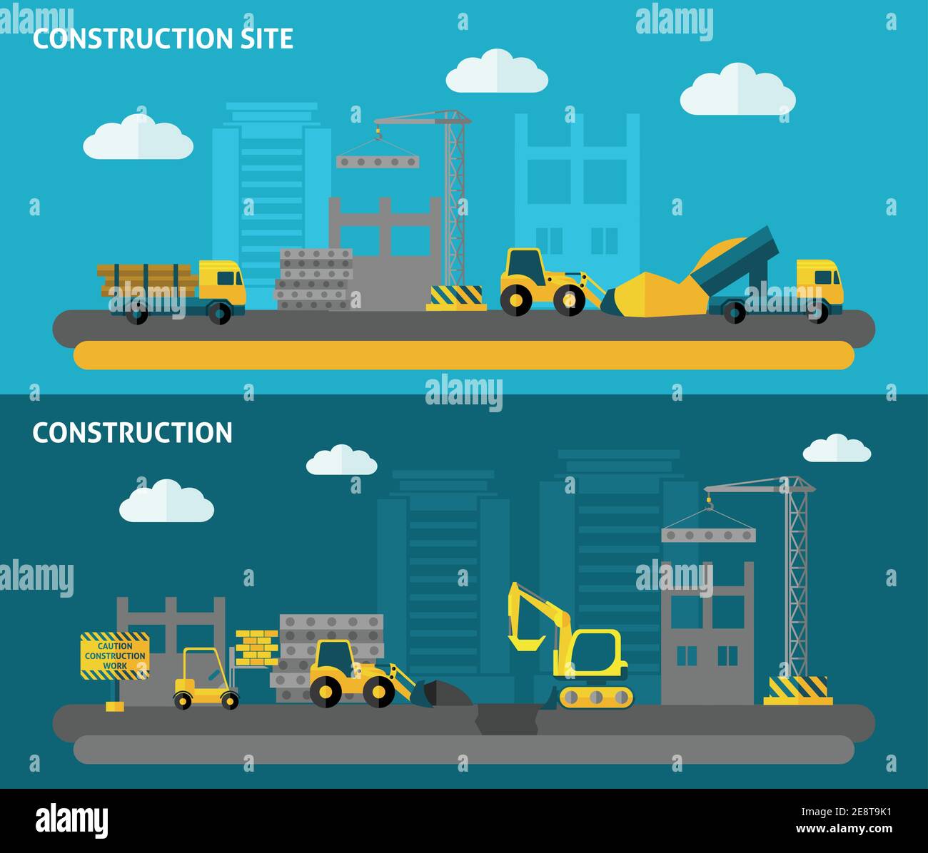 Construction horizontal banner set with flat building tools elements ...