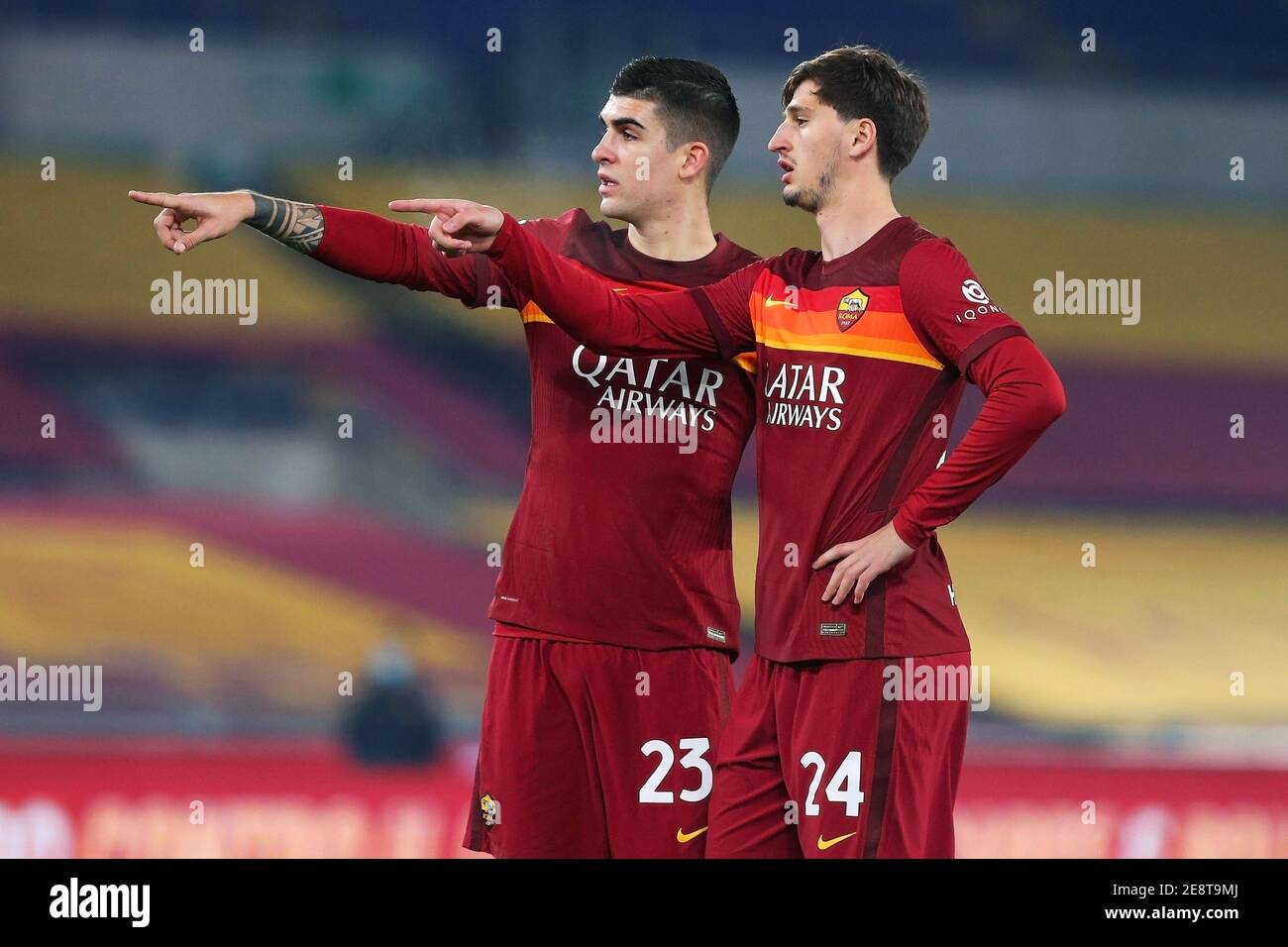 Gianluca Mancini (L) and Marash Kumbulla (R) of Roma gestures during ...