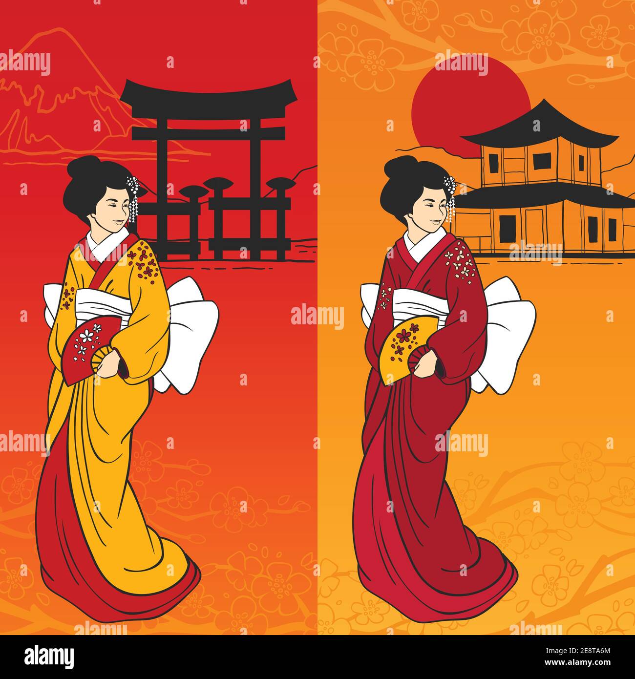 Geisha banner vertical set with traditional japanese symbols on ...