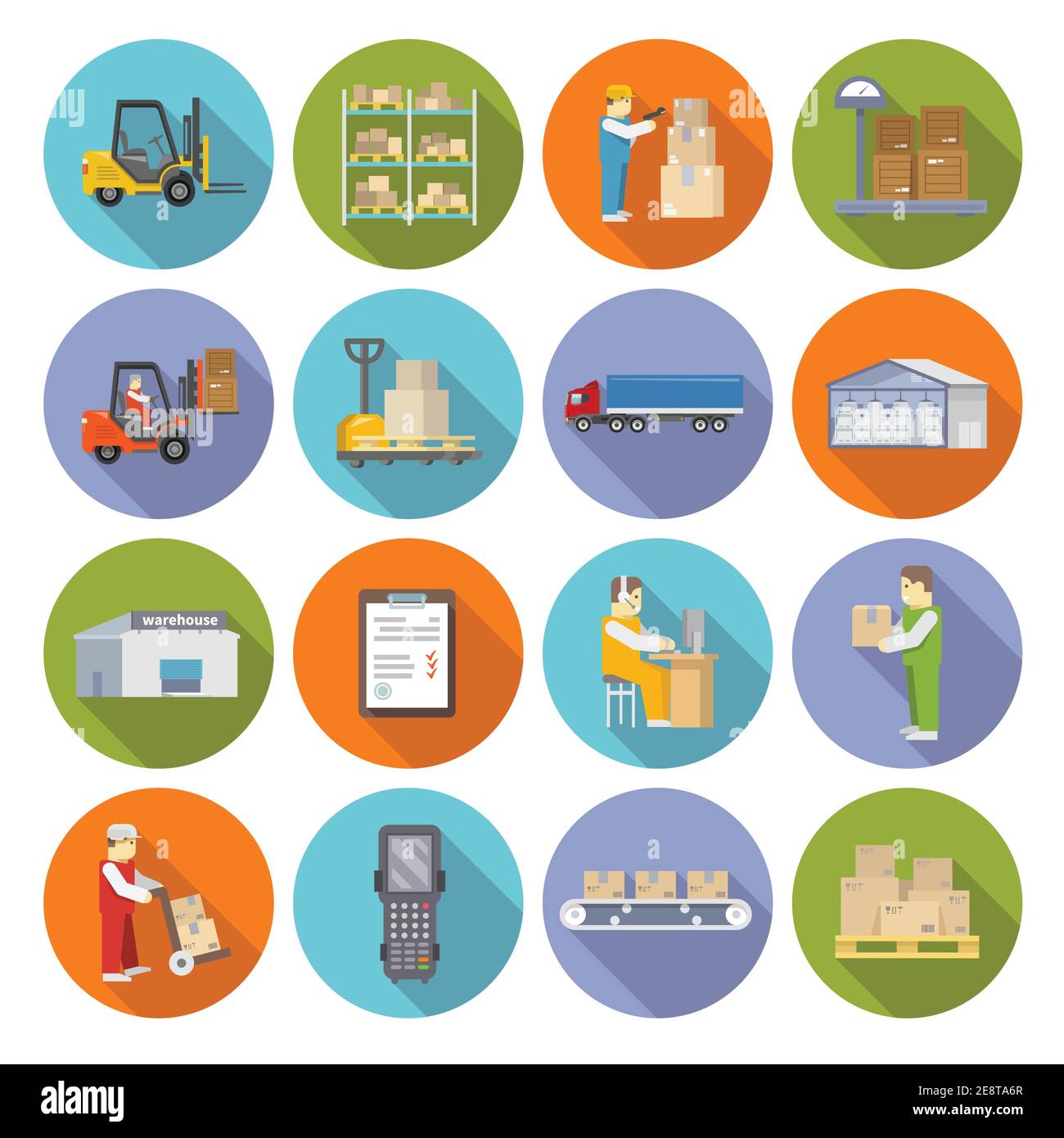 Warehouse stock and industrial storage icons flat set isolated vector ...