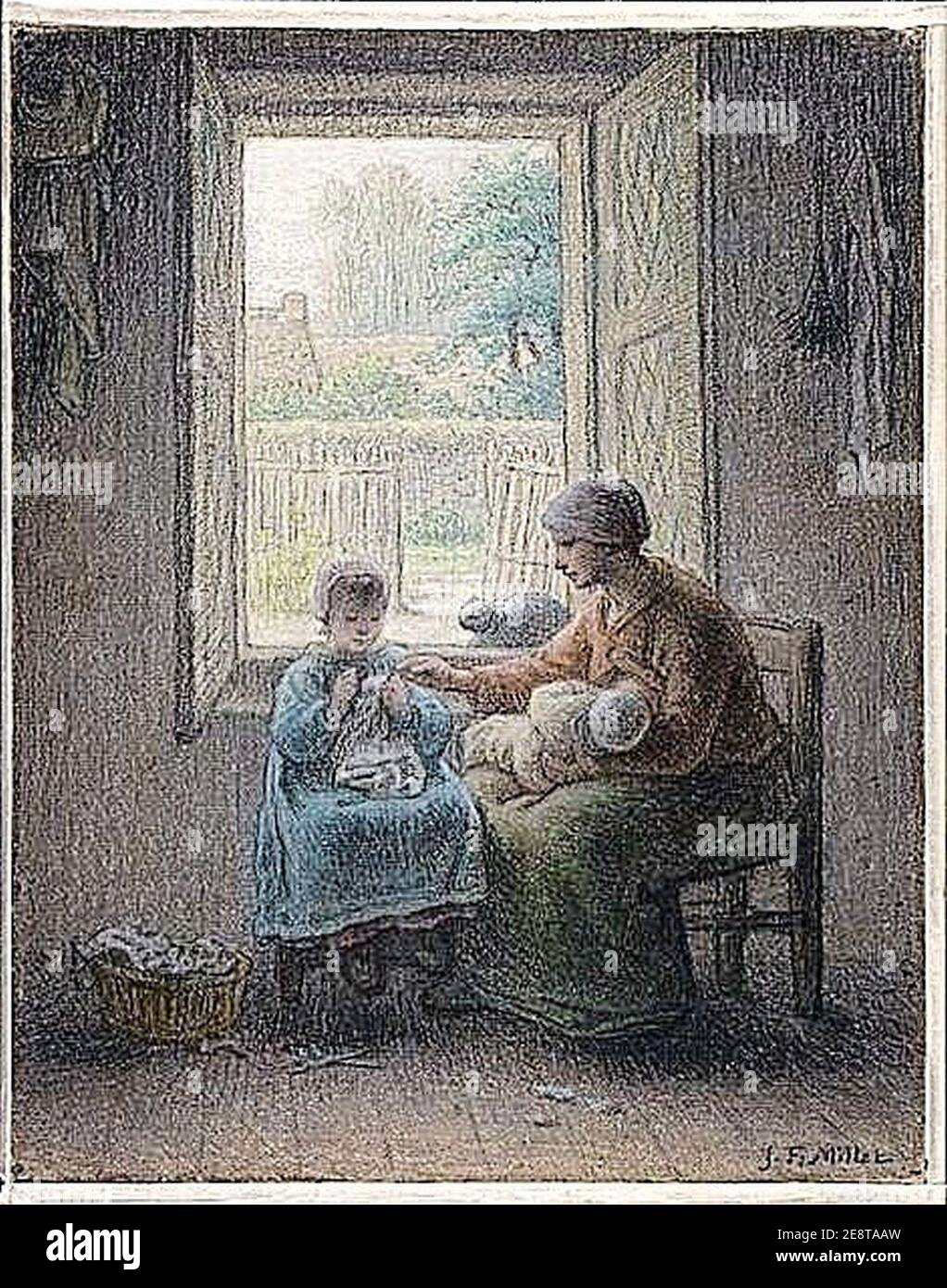 The Sewing Lesson by Jean-Francois Millet, c. 1860, charcoal and pastel ...