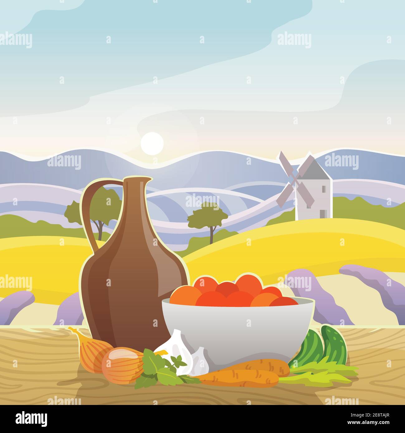 Vegetables still life with rural mediterranean landscape on background ...