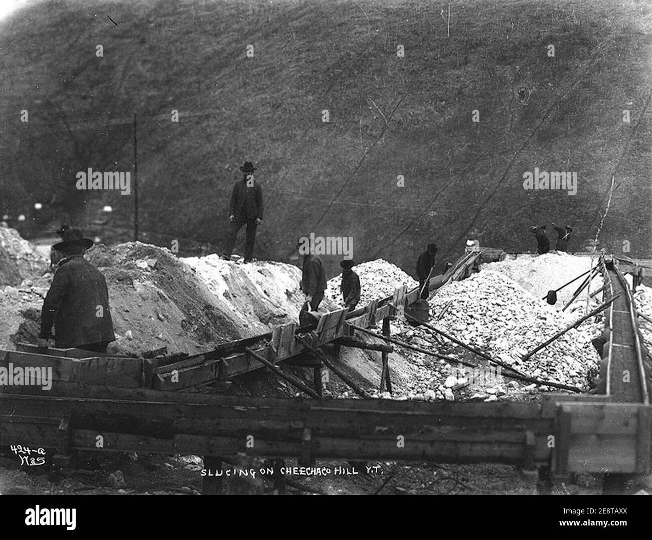 Mining operation with sluices on Cheechako Hill, Yukon Territory, ca ...