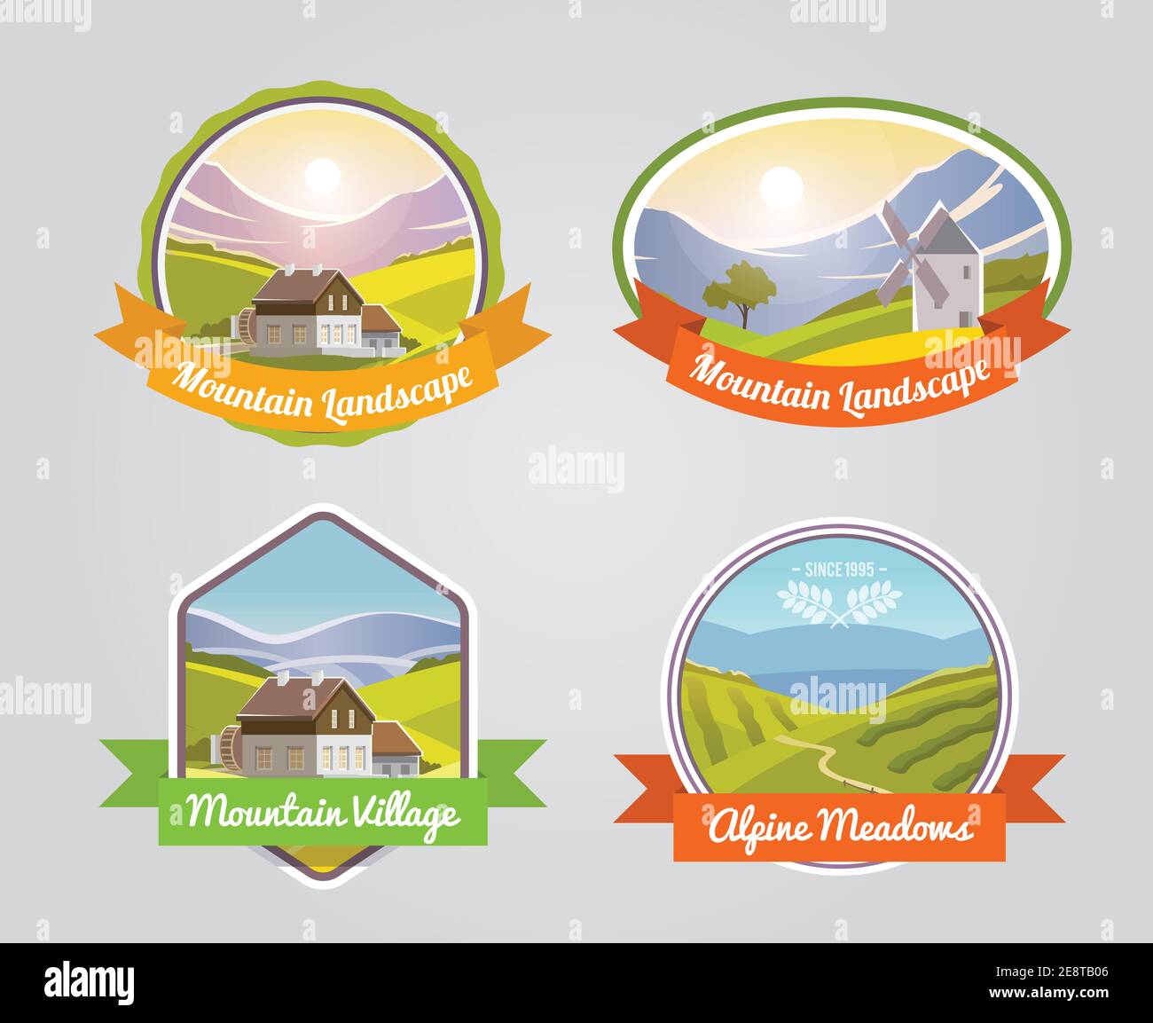Mountain landscape label set with alpine meadows and village symbols ...