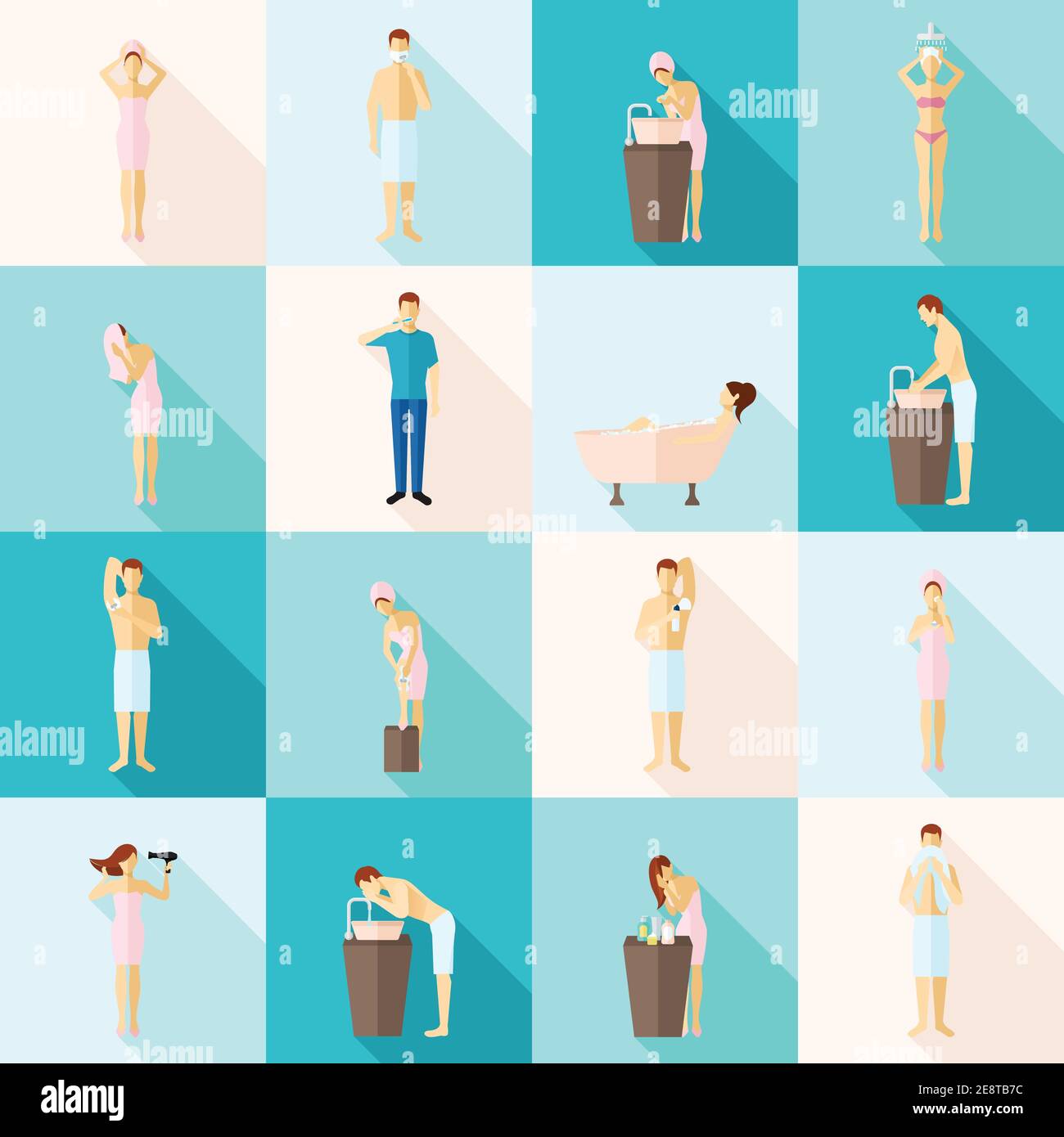 Personal hygiene and care colored flat long shadows icons set isolated ...