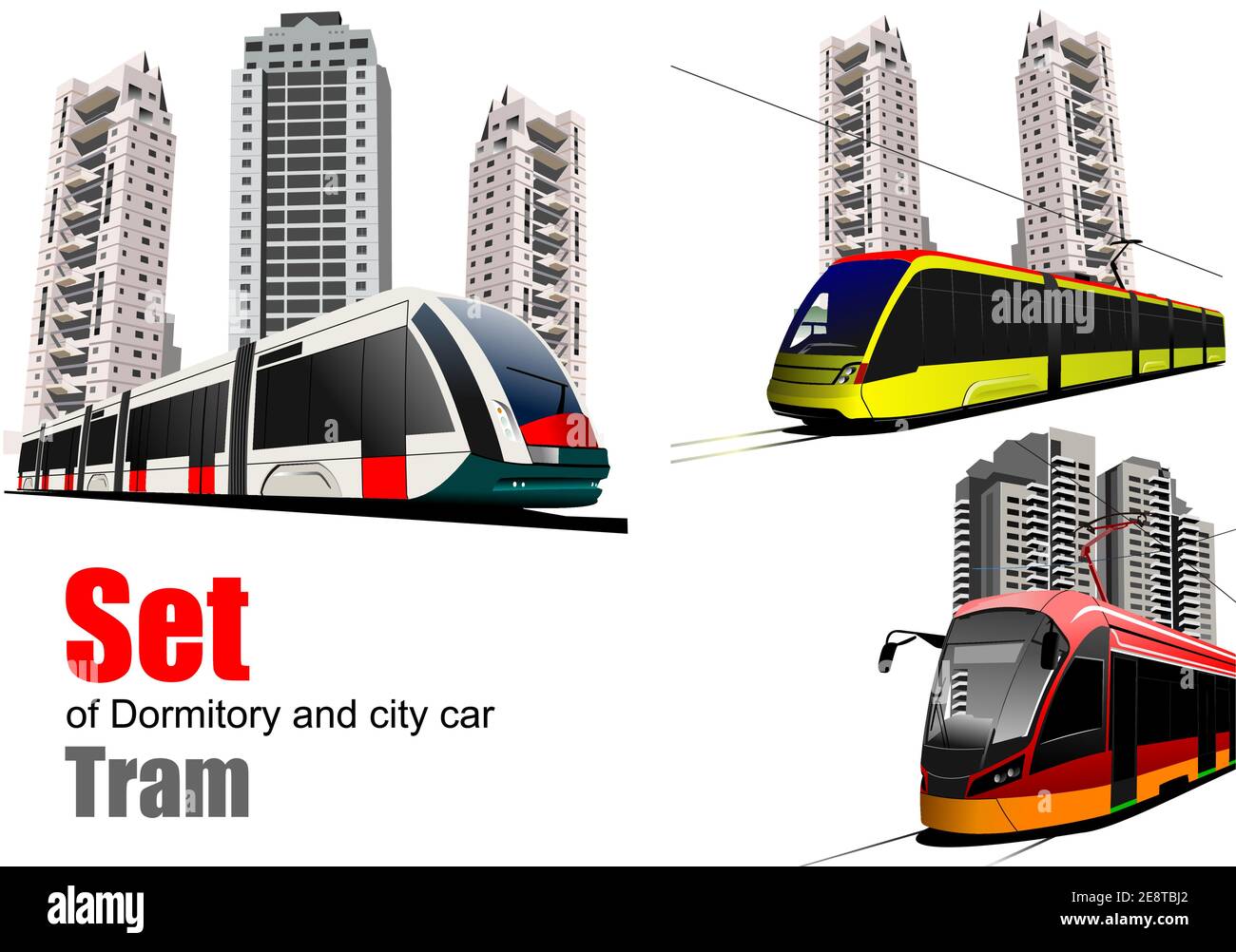 Set of Dormitory and city car. Tram. Vector 3d illustration Stock ...
