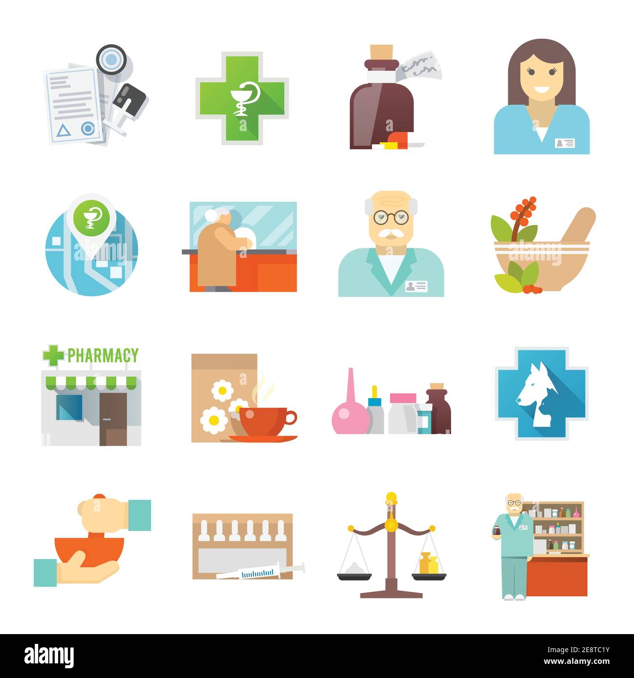 Pharmacy and veterinary chemist shop flat icons set with pills and ...