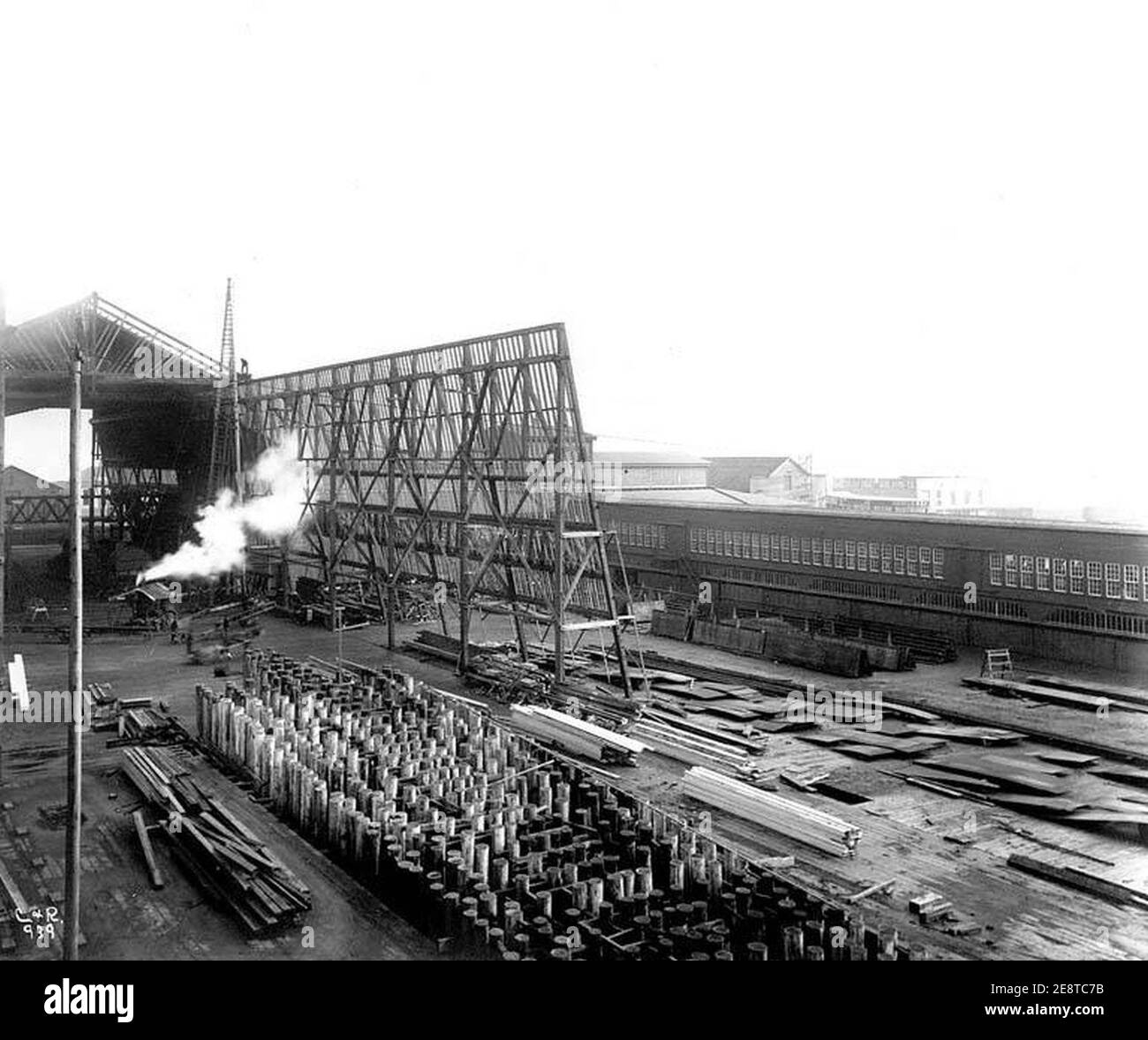 Moran Brothers Shipyard, Seattle, showing machine shop and battleship ...