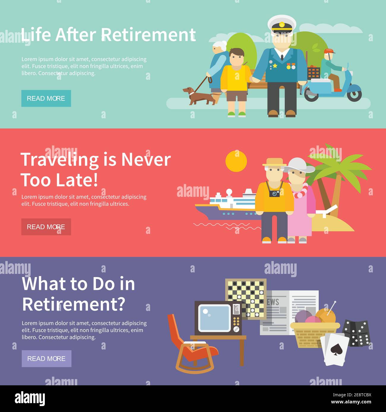 Pensioners life horizontal banner set with retirement enetertainment ...