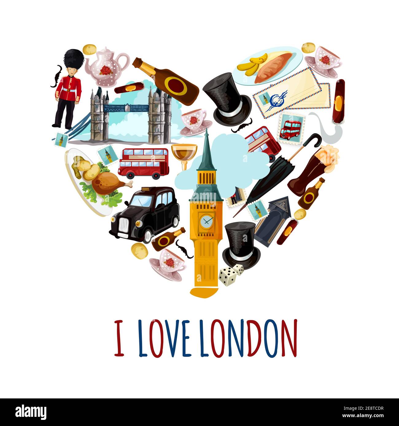 London touristic poster with cartoon tourist landmarks in heart shape ...