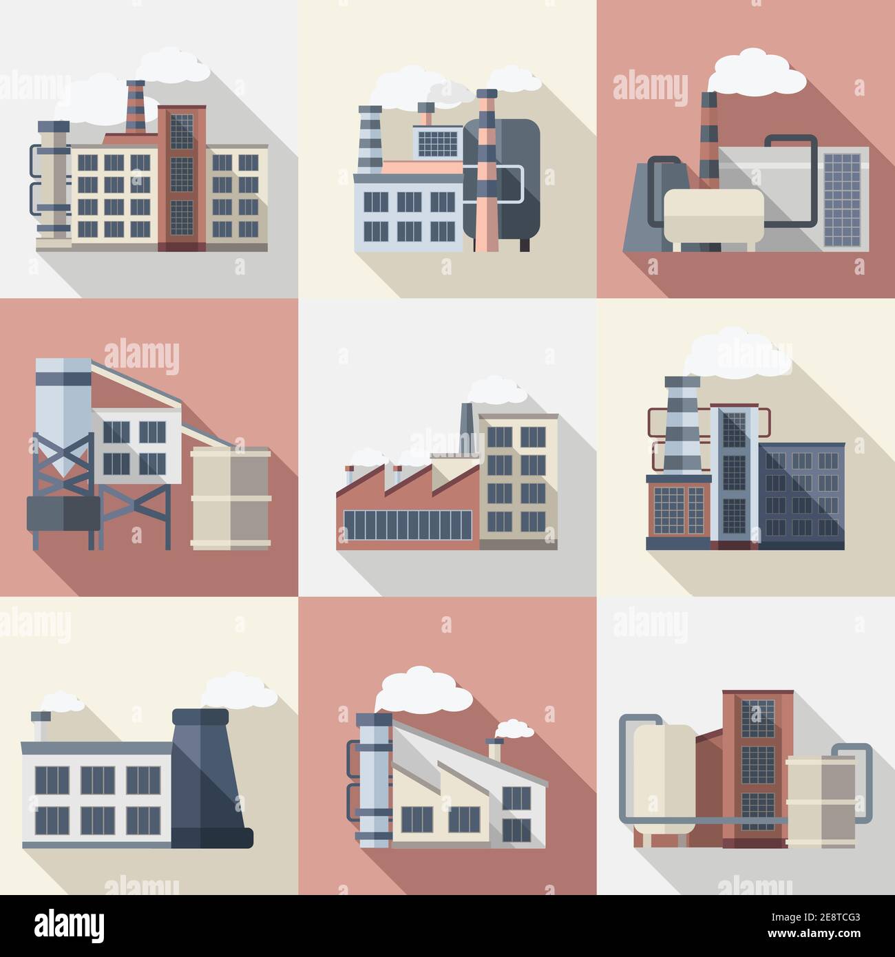 Industrial buildings and power plants flat long shadow icons set ...