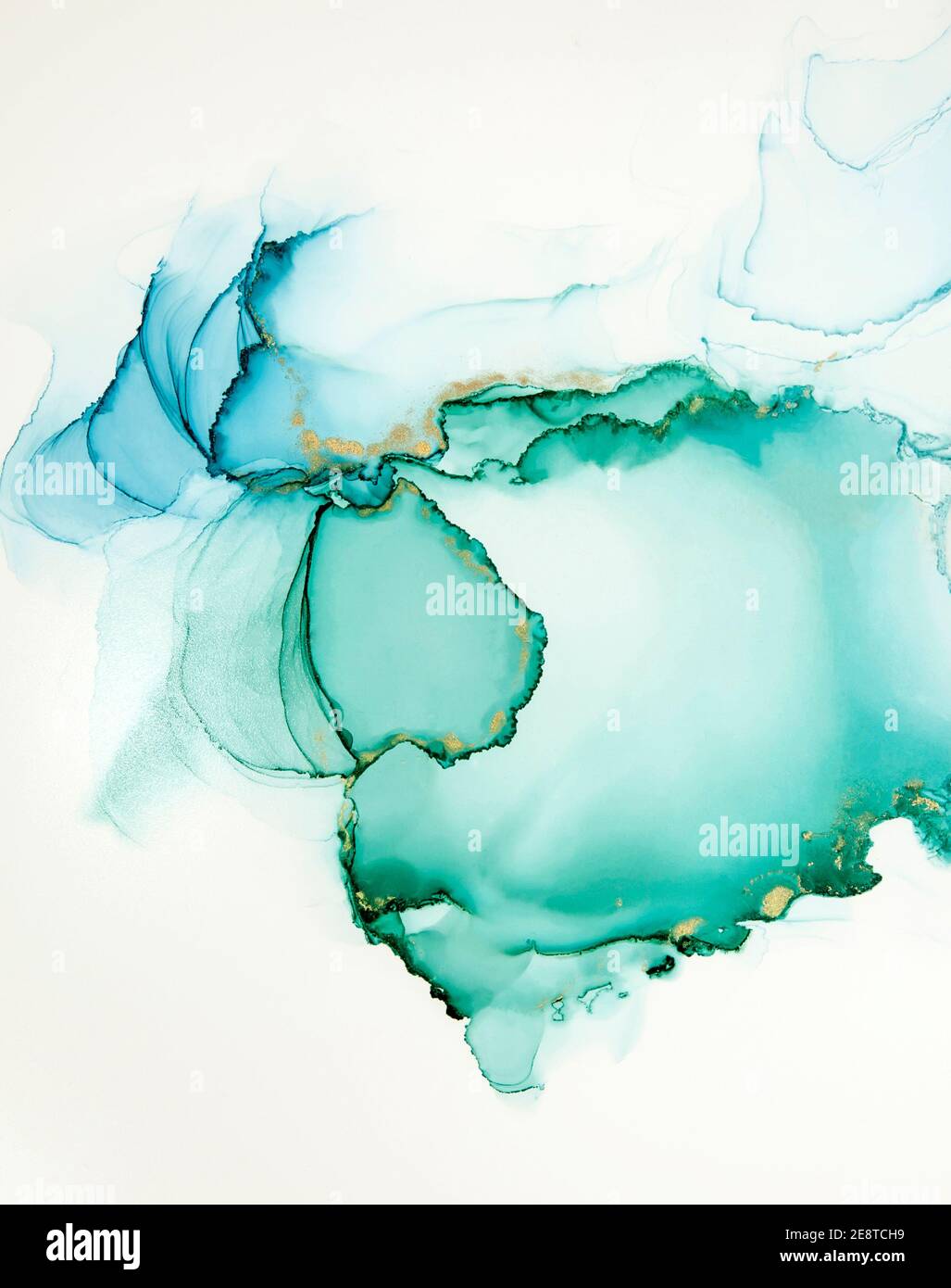 Abstract alcohol ink art drawing in blue and green with golden detail ...