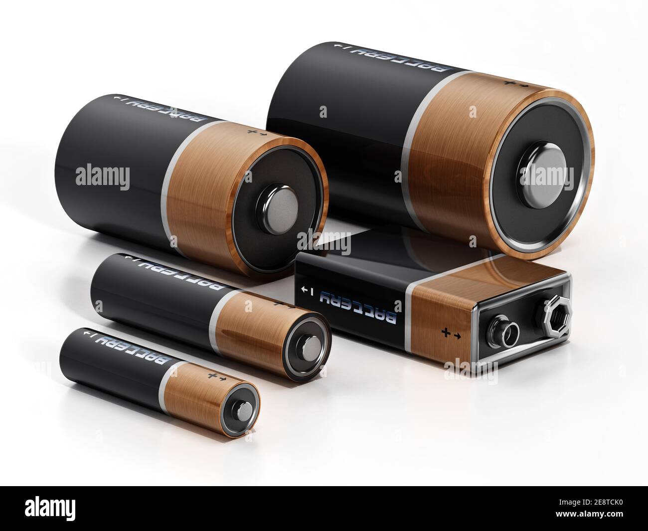 Group of various sized batteries isolated on white background. 3D ...