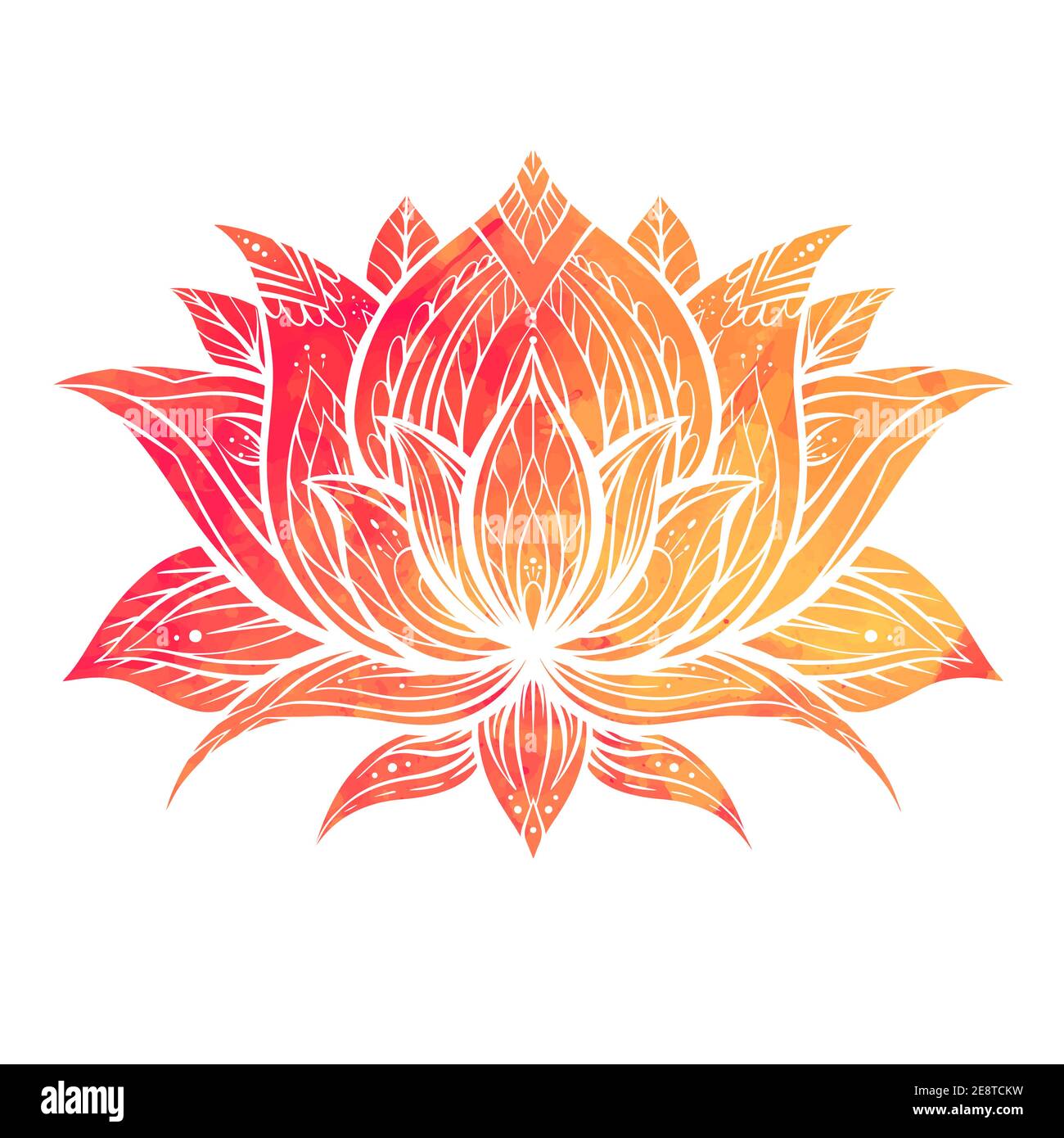 Boho orange watercolor lotus with patterns. Delicate water flower with ...