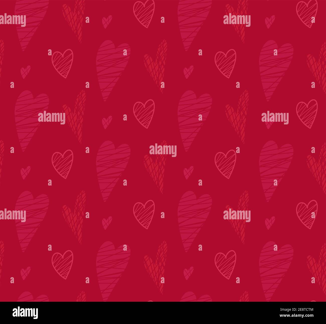 Seamless pattern of pink silhouette and outline doodle hearts with ...