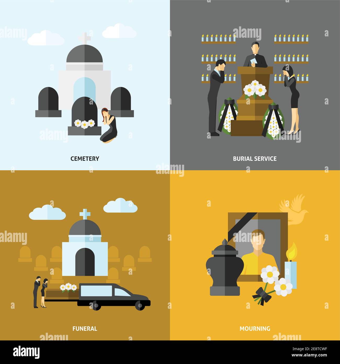 Funeral design concept set with cemetery and mourning flat icons ...
