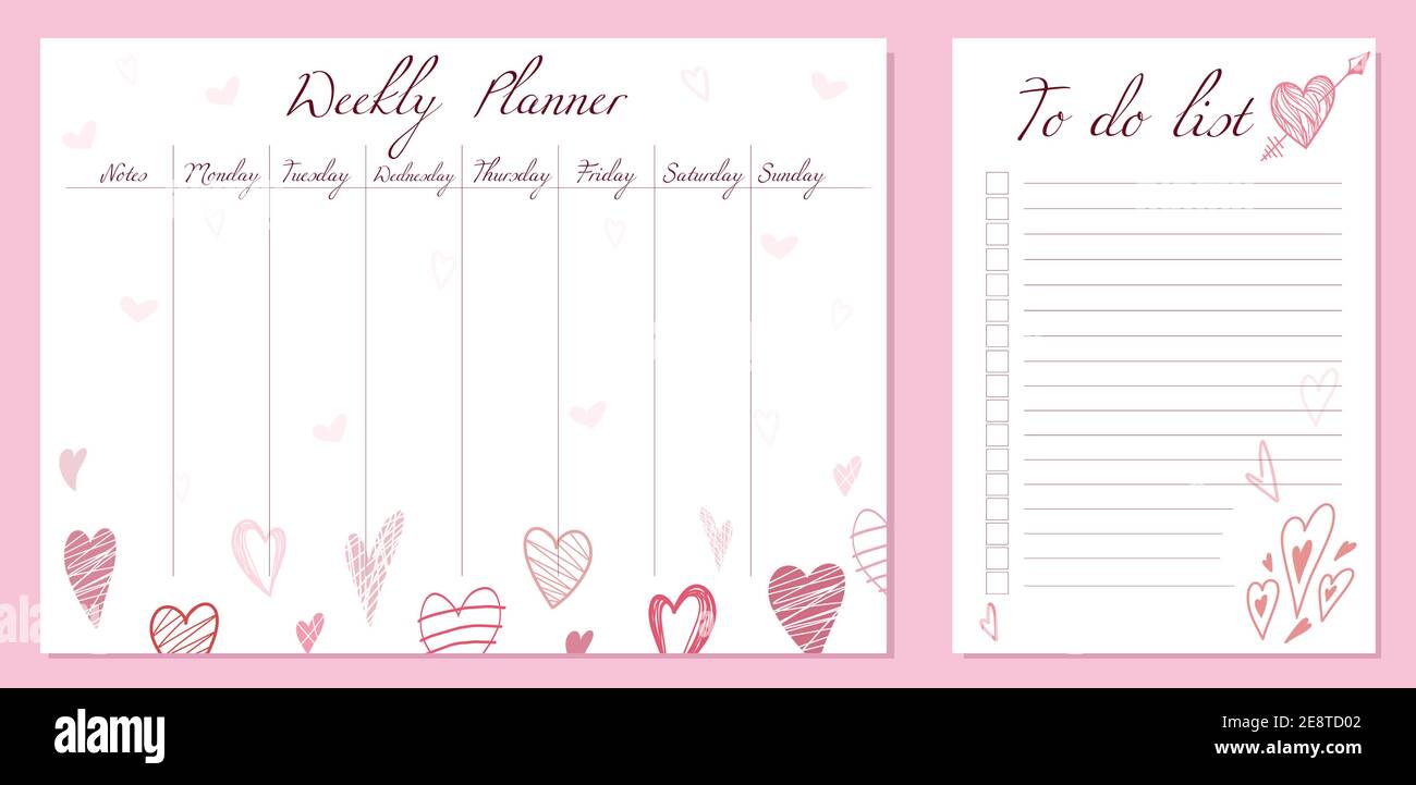 Weekly planner and to do list template. Romantic letterhead with hearts ...