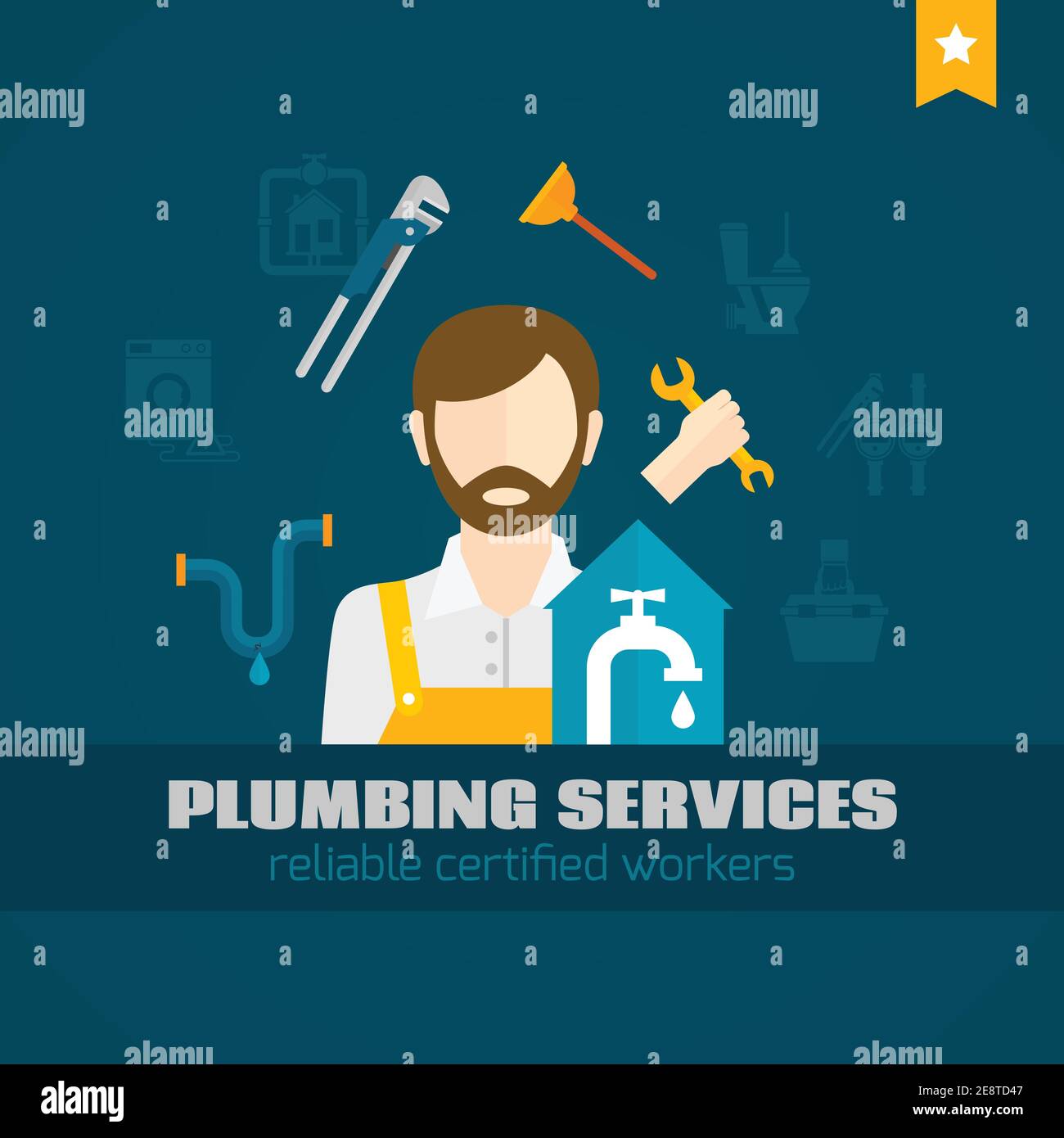 Plumber handyman with pipe repair tools flat icon vector illustration ...