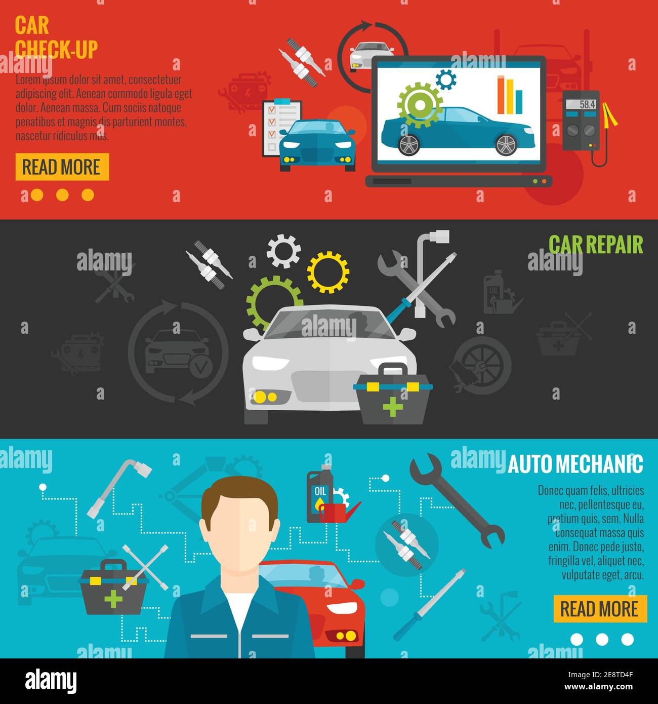 Auto mechanic horizontal banner set with car check-up and repair ...