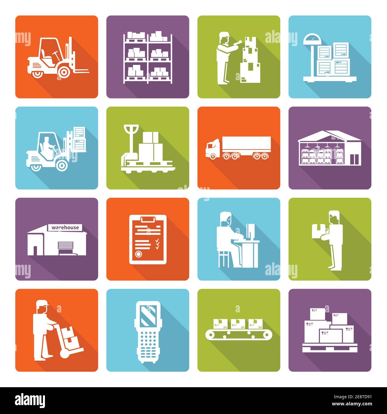 Warehouse flat long shadow icons set with shipment and delivery symbols ...