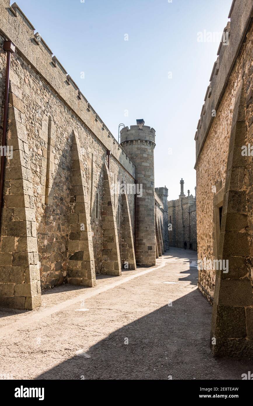 ALUPKA, RUSSIA - MAY 3, 2019: View of the inner street with towers of ...