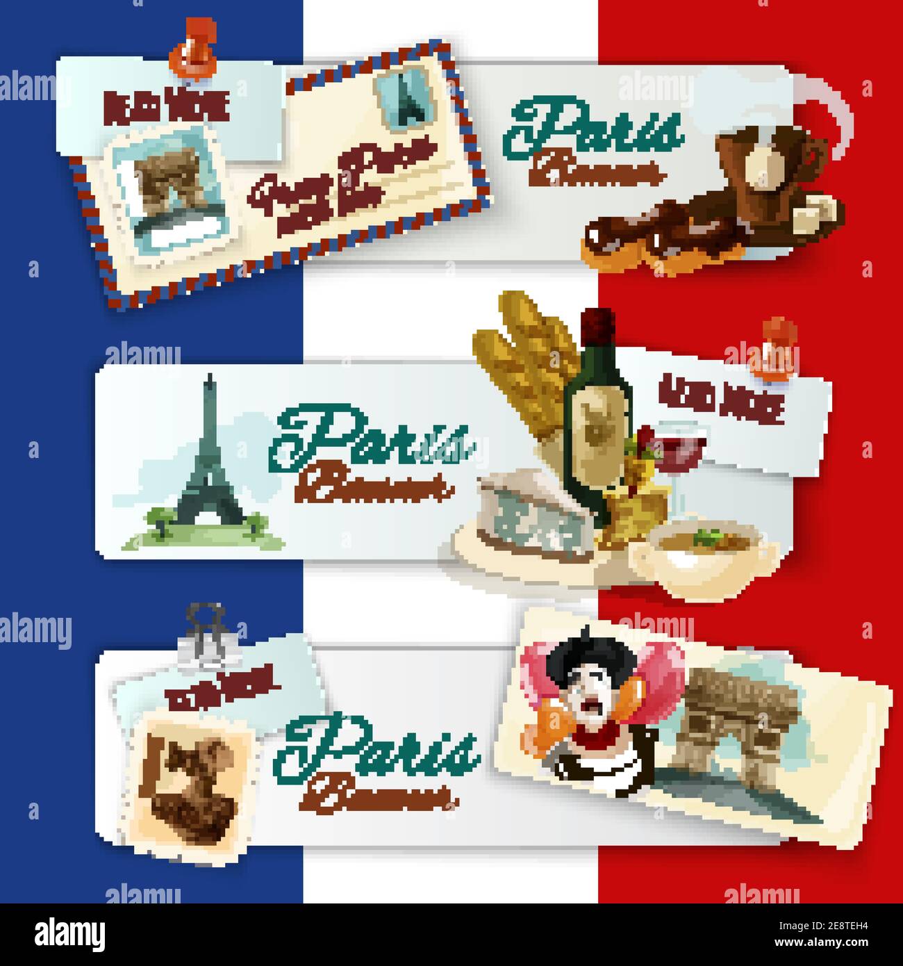 Paris horizontal banners set with touristic elements and postcards on ...