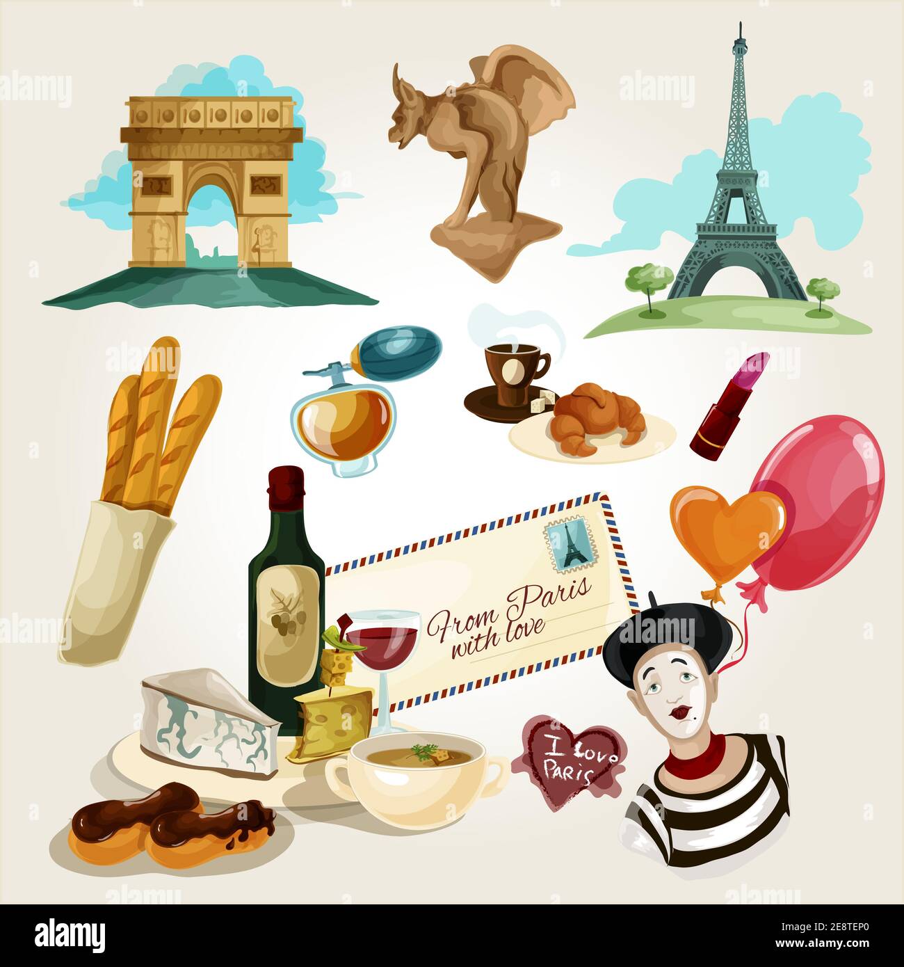 Paris touristic set with cartoon baguette wine croissant wine bottle ...