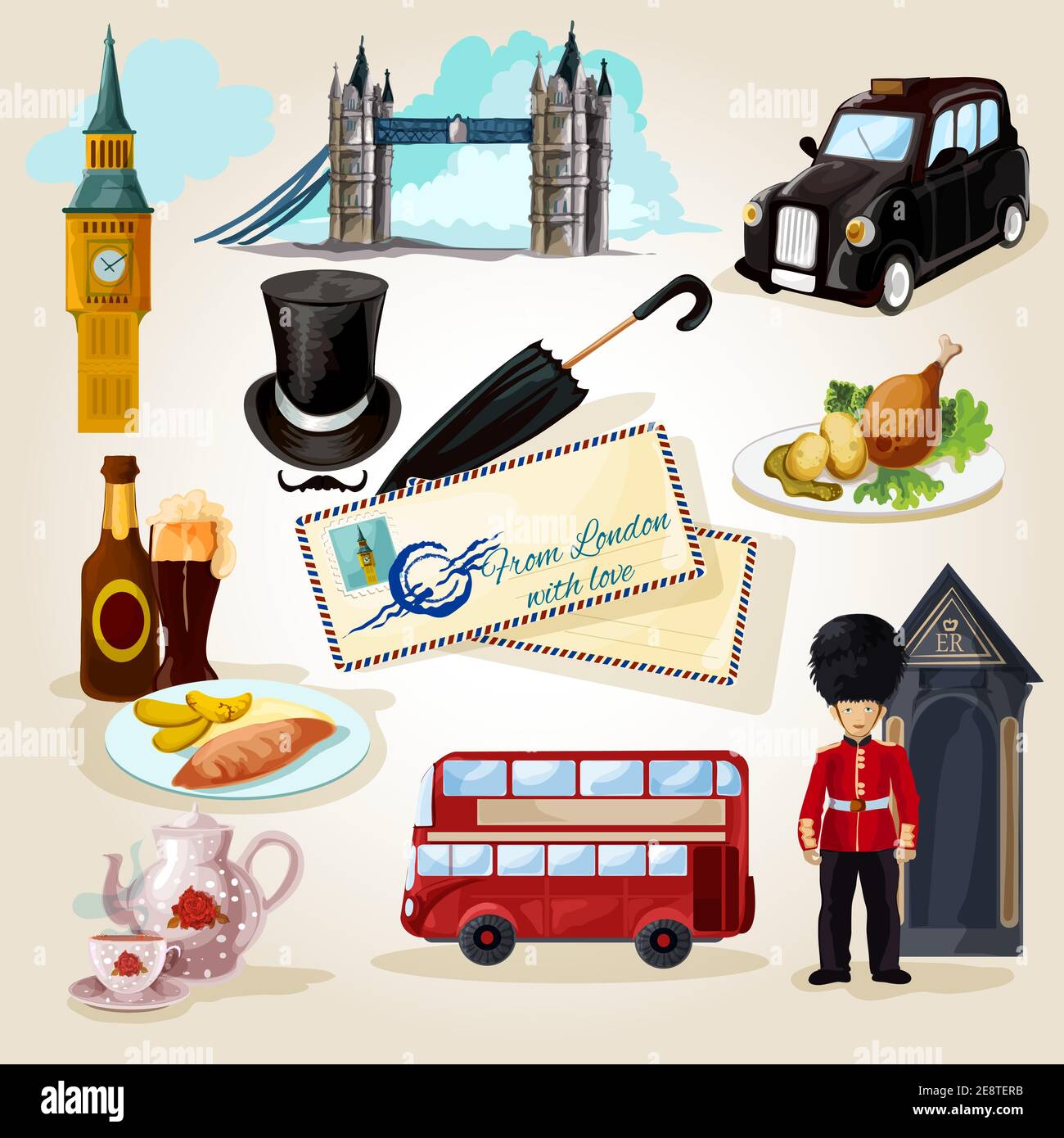 London decorative icons set with cartoon landmarks and touristic ...