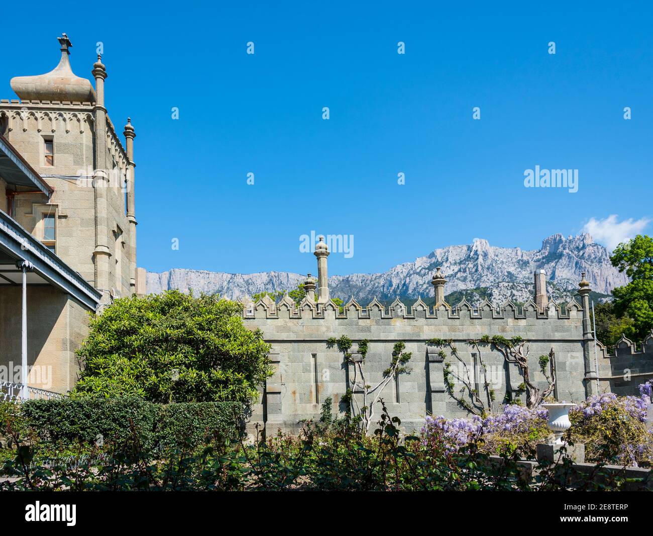 ALUPKA, RUSSIA - MAY 4, 2019: View of the park and towers stylized as ...